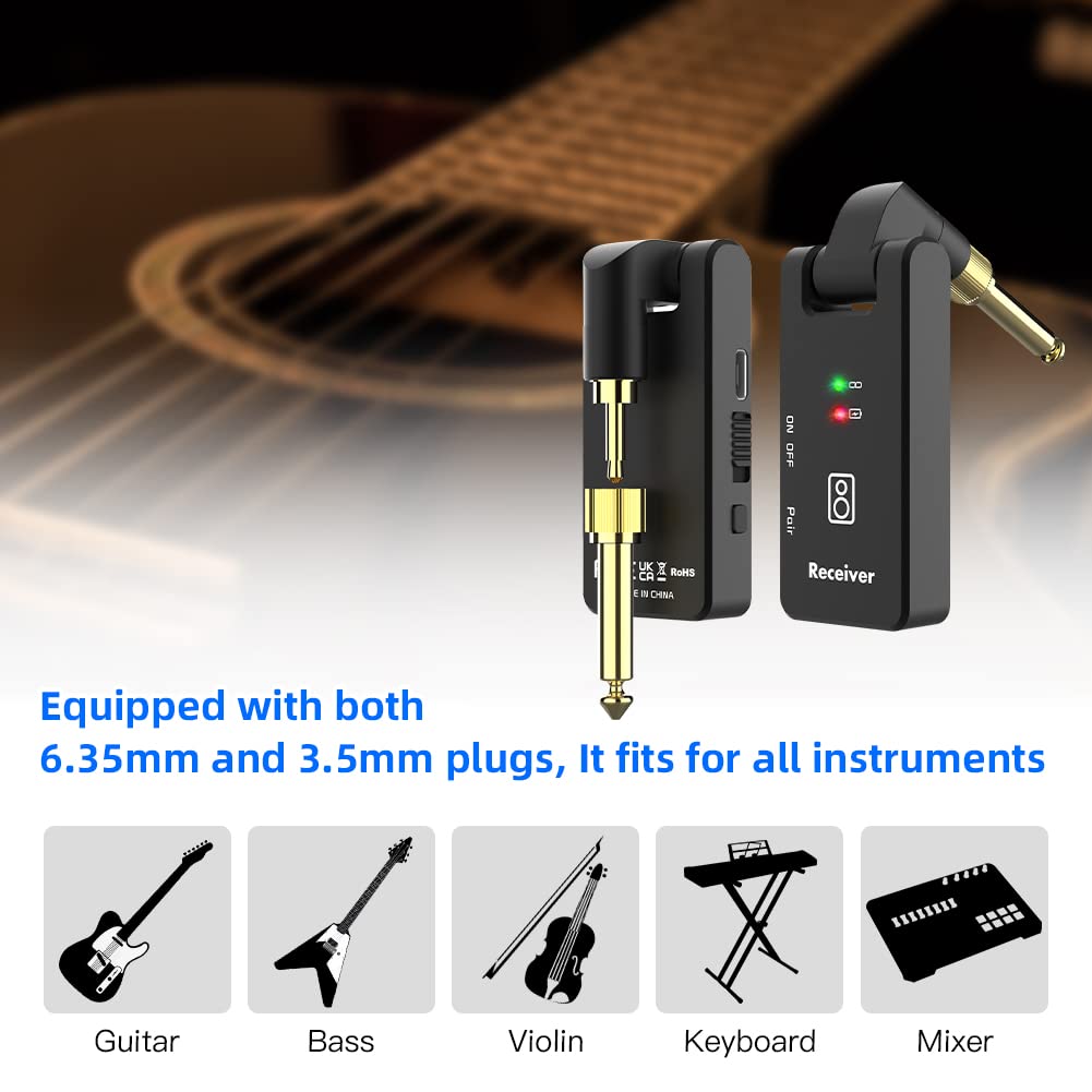 AITONE Wireless Guitar System 2.4Ghz Transmitter Receiver 4 Channels with Audio Adapter and Recharging Case for Guitar Bass Active & Passive Pickups Music Instruments