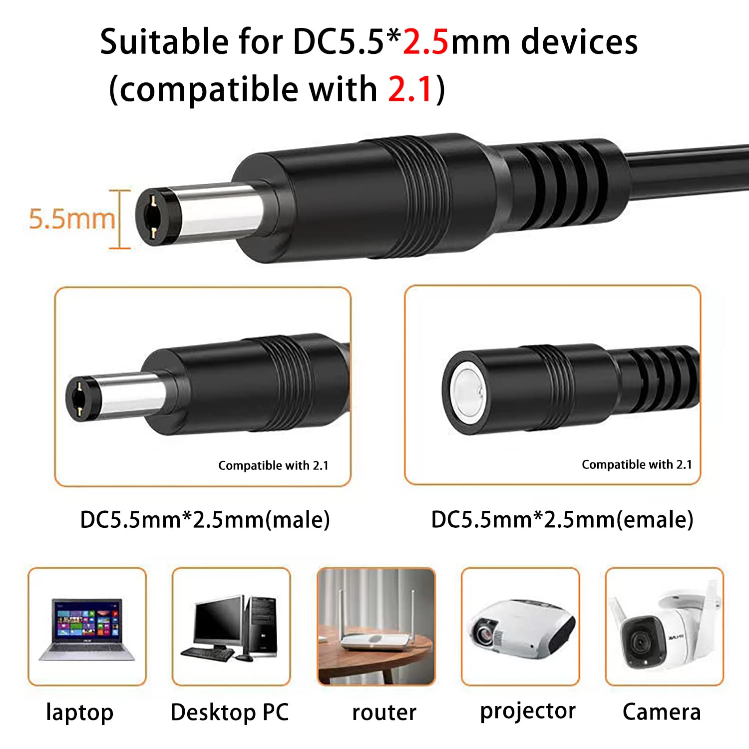 AWG 18 dc Power Extension Cable 10ft (3M) 5.5mmx2.5mm 5V 12V 24V Power Supply Adapter CCTV Security Wireless IP Camera Dvr Standalone LED Strip,Car Male to Female Plug Cable White 3M