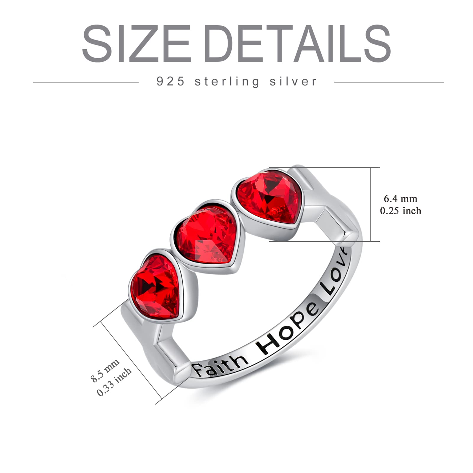 AOBOCO Cross Ring Sterling Silver Faith Hope Love Heart Sideway Cross Ring for Women, Made with Simulated Ruby Red Heart Austrian Crystals, Size 9