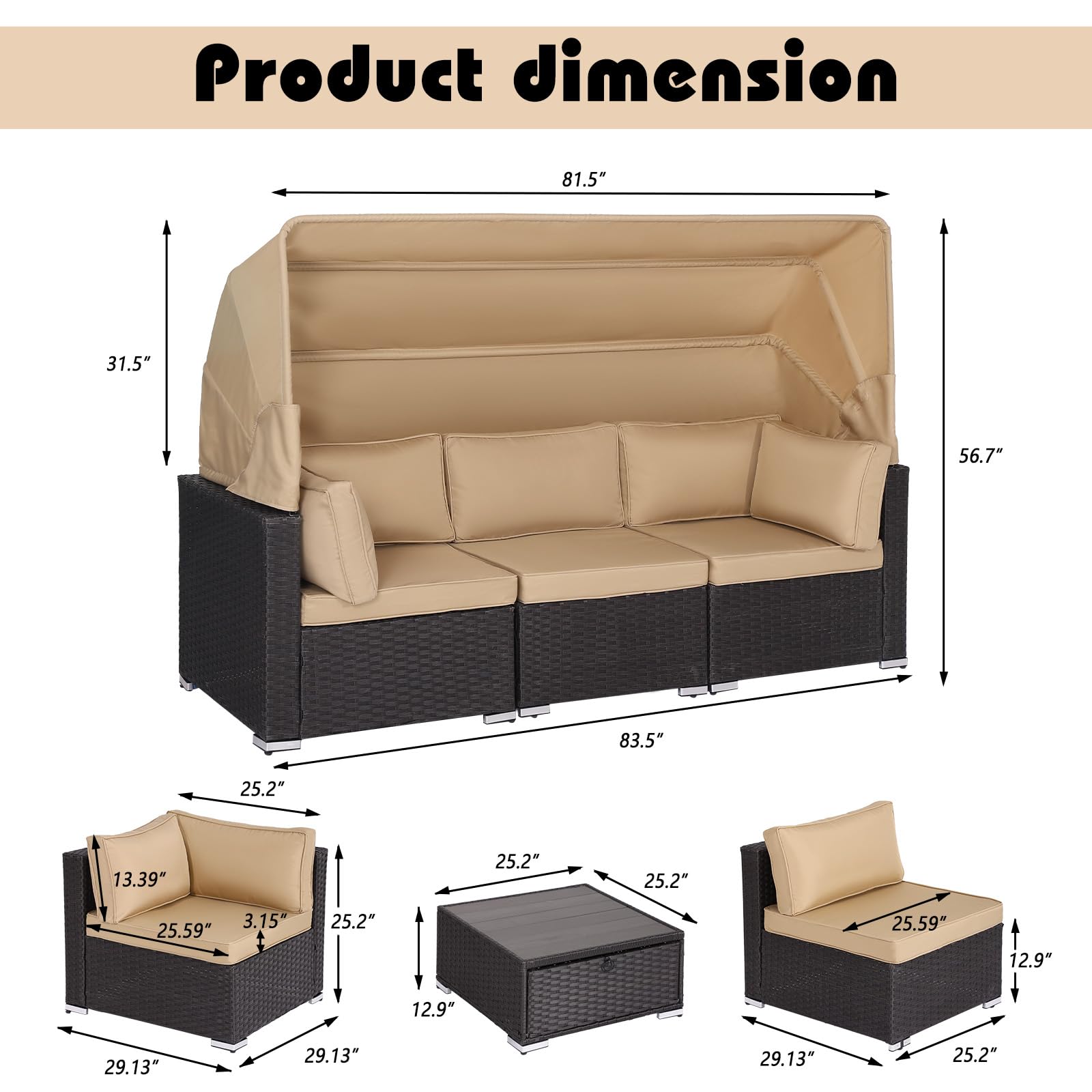 TITIMO 6 Pieces Patio Furniture Set Outdoor Conversation Set Daybed with Retractable Canopy Patio Sectional Rattan Sofa Set W/Adjustable Backrest and Table for Poolside (Brown)