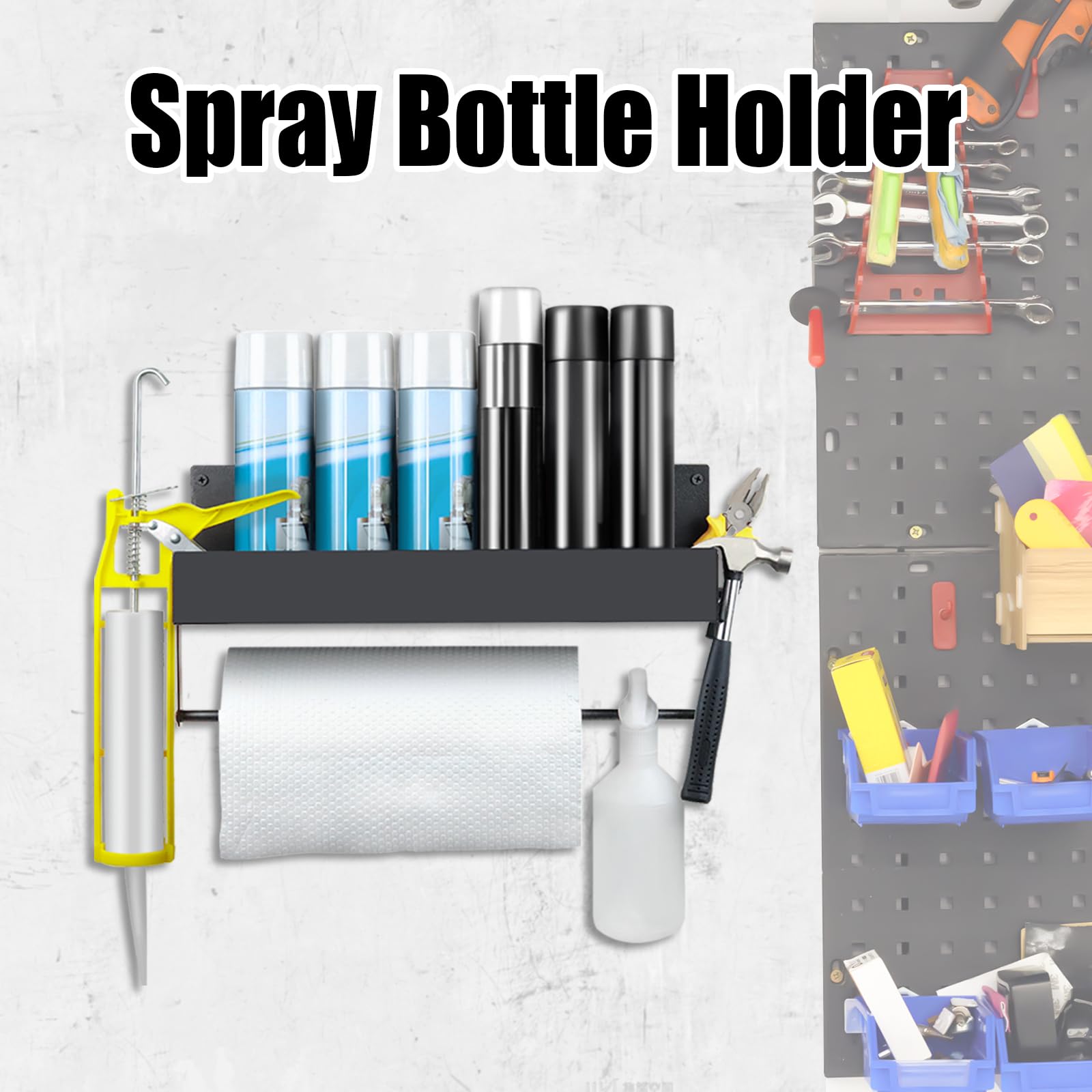 Ansonation Spray Bottle Holder,Garage Paper Towel Holder with Shelf Garage Organizer Wall Mount with Hooks Heavy Duty Paint Bottle Organizer for Garage Home Tool Shed Workbench