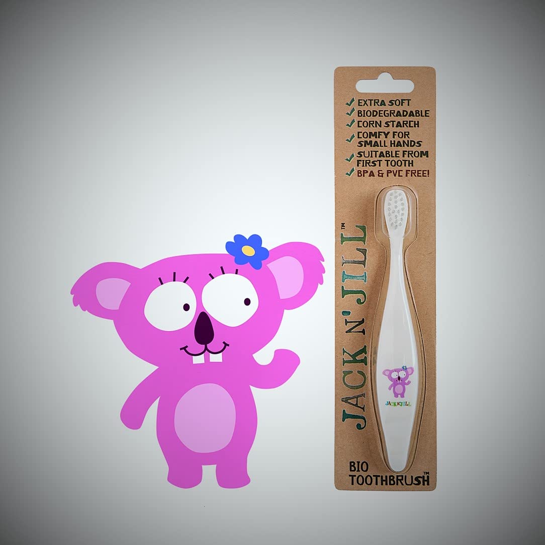 Jack N' Jill Koala Bio Kids, Toddler, and Baby Toothbrush - Vegan, Non-GMO, Biodegradable Cornstarch, BPA Free, PVC Free - Ergonomic, Compostable Handle - Extra Soft, Round Nylon Bristles