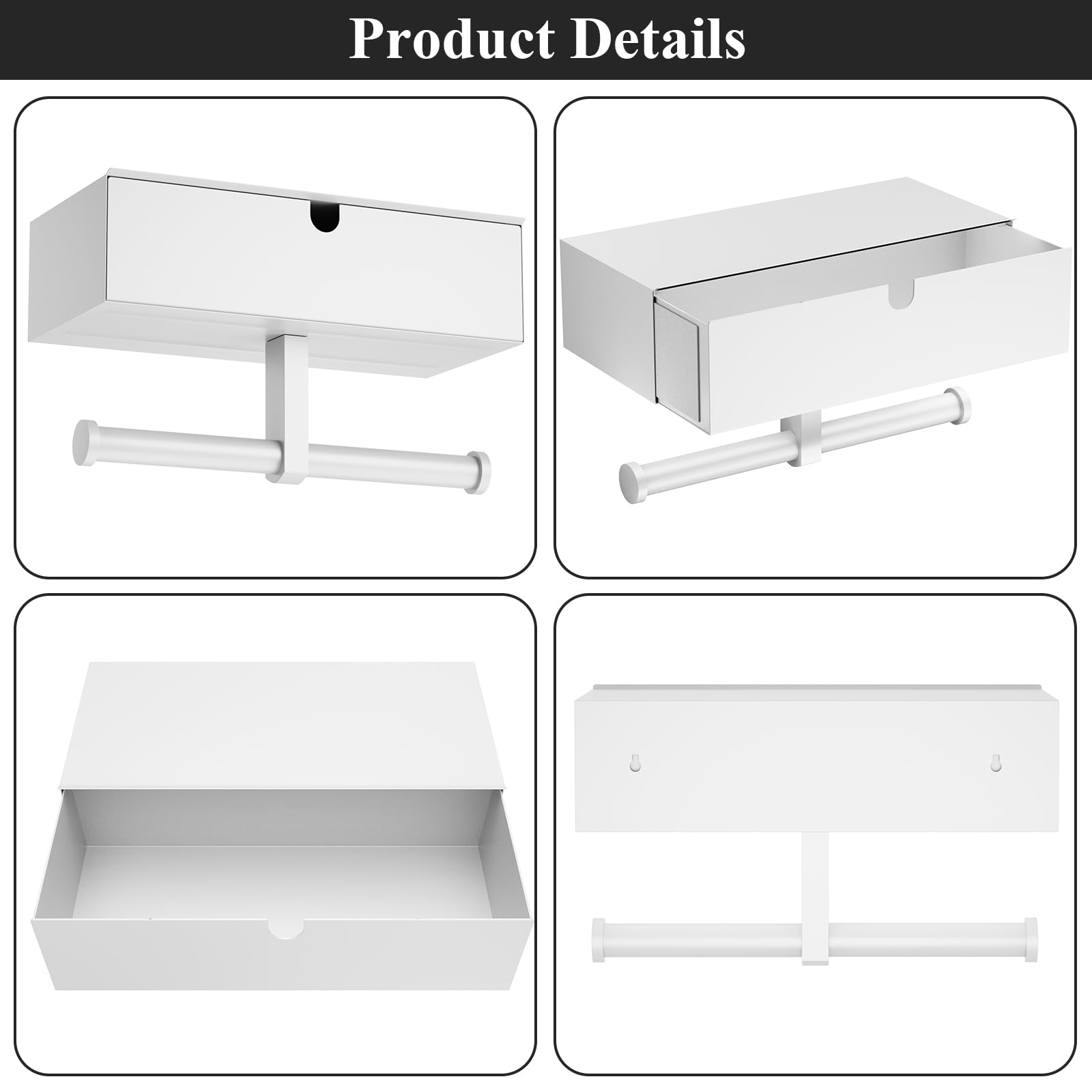 Tindbea Toilet Paper Holder with Storage - Stainless Steel Wall Mounted Toilet Paper Holder with Shelf, Flushable Wipes Holer Dispenser, Tampon Storage for Bathroom, Double Tissue Roll Holder, White