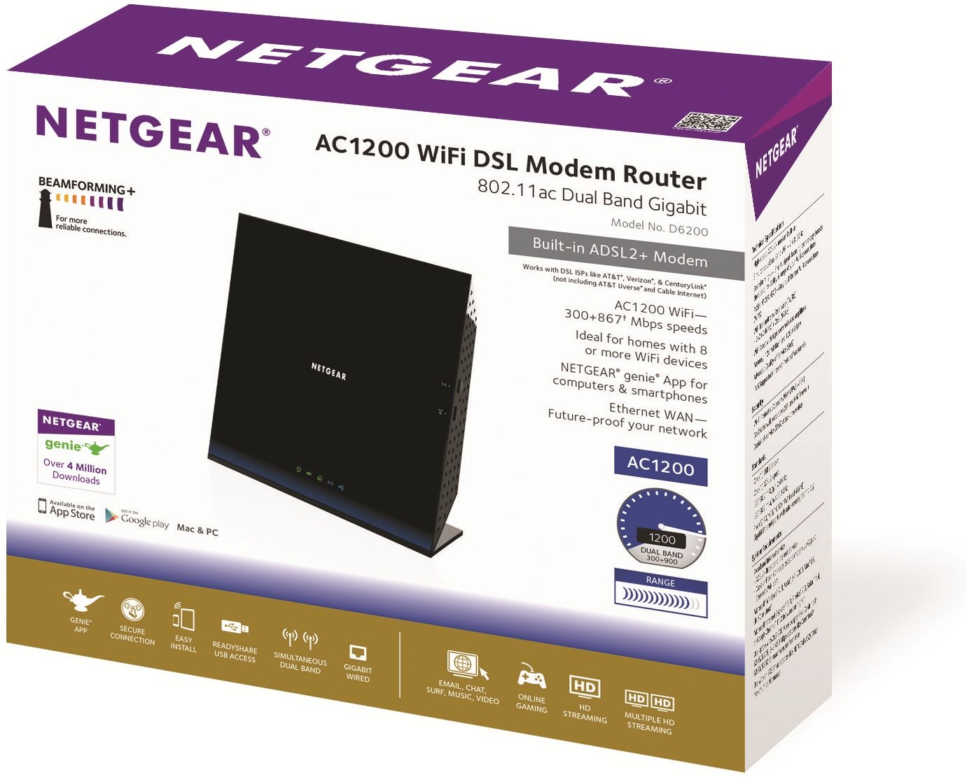 NETGEAR AC1200 WiFi DSL (Non-Cable) Modem Router 802.11ac Dual Band Gigabit (D6200)
