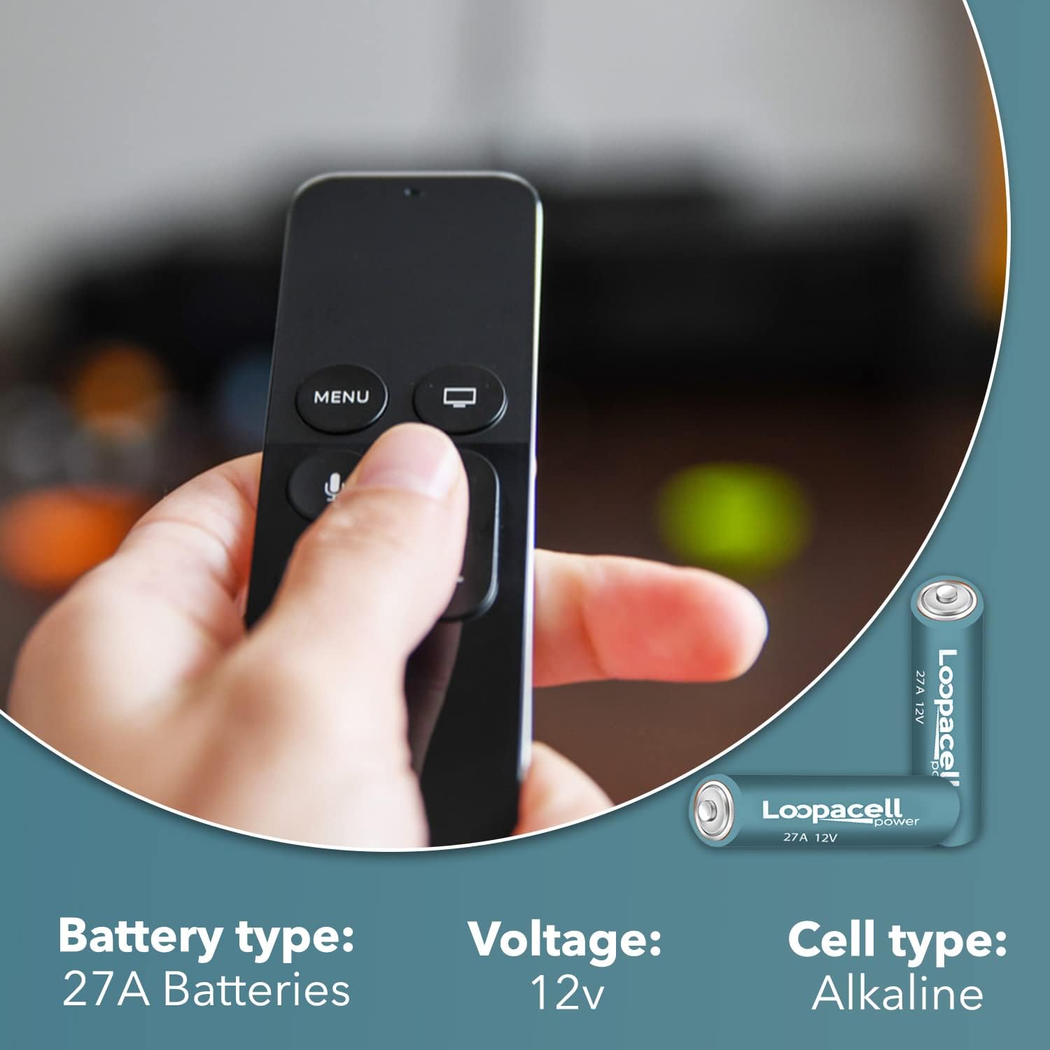 LOOPACELL 27A 12V Alkaline Battery (Pack of 5) - Long Lasting, Leakproof MN27 Battery for Garage Door Openers, Key Fobs, Heated Socks, Ceiling Fan Remote Control, Alarm Remote Control & More