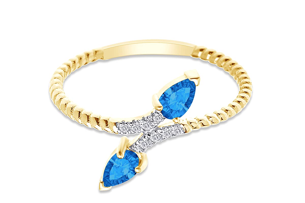 AFFY Pear Shape Natural Diamond And Simulated Blue Topaz In 14K Yellow Gold Over 925 Sterling Silver Ring Size 9