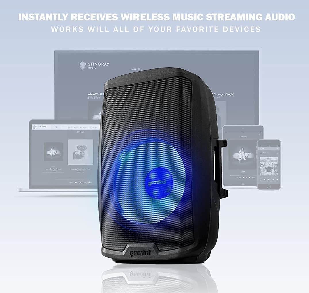 Gemini Sound AS-2115BT-LT Active 2000W Watt Party LED Light 15 Inch Woofer Powered Stage DJ Monitor Bluetooth PA Speaker, Wireless Stereo Pairing, Portable Fly Points
