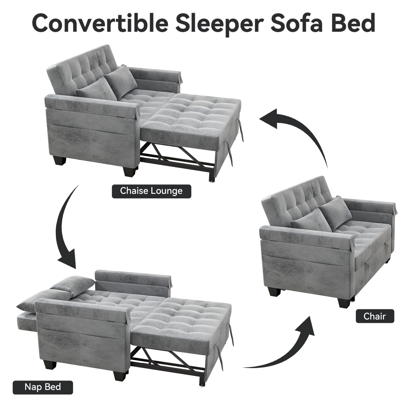 Buenhomino 3 in 1 Convertible Sofa Bed, Modern Futon Pull Out Sleeper Couch, 48'' Velvet Loveseat Chaise Lounge with Adjustable Backrest Pillows, Hidden Side Table for Living Room, Small Space Grey