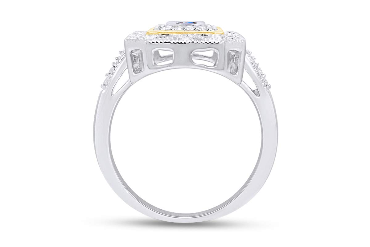 AFFY Princess Cut Simulated Blue Sapphire And White Cubic Zirconia In 14k White Gold Plated 925 Sterling Silver Two-Tone Art-Deco Style Ring Size:- 7