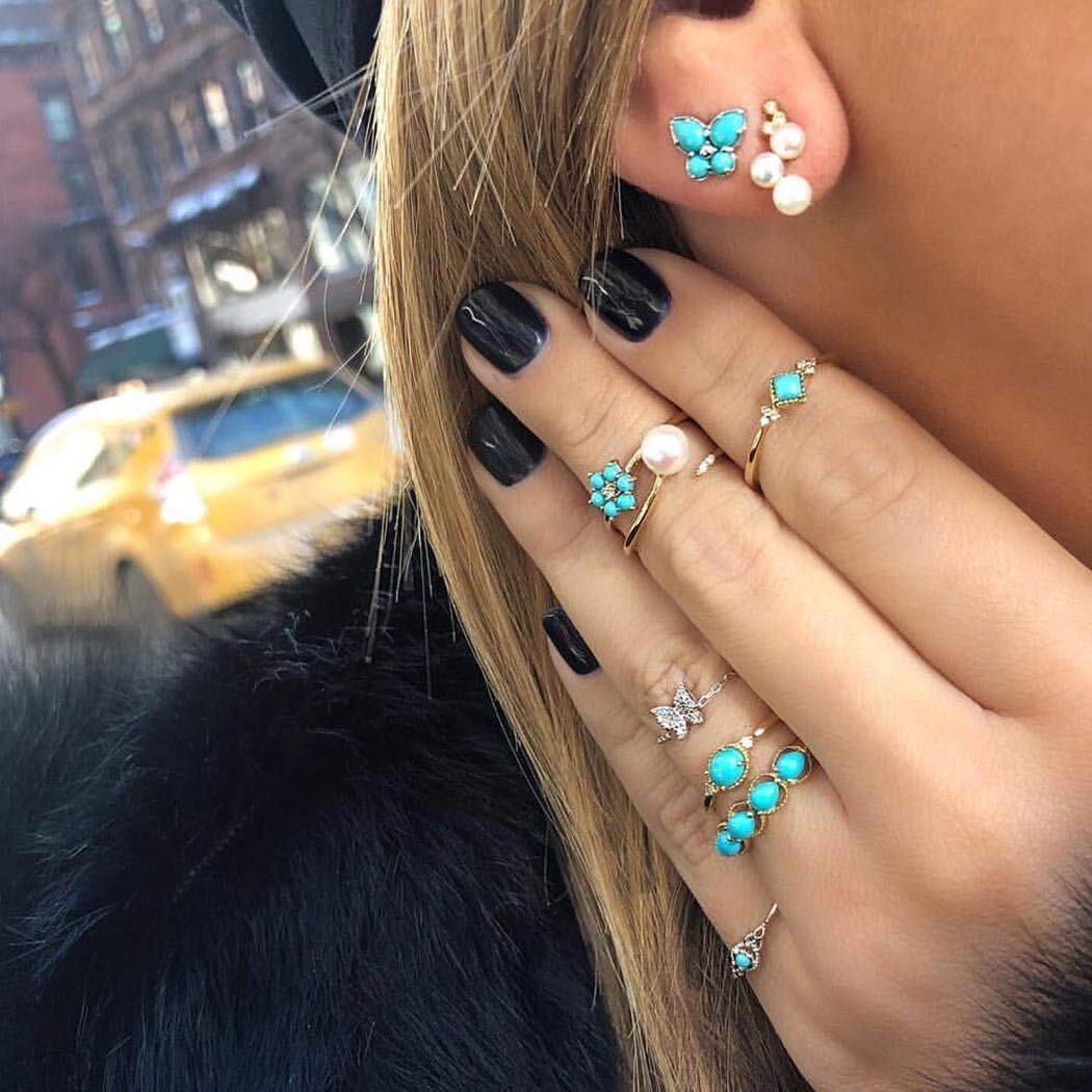 Ajacry Boho Turquoise Knuckle Ring Gold Butterfly Stackable Midi Finger Rings Set Flower Hollowing Joint Rings Set Hand Accessories for Women and Girls (8Pcs)