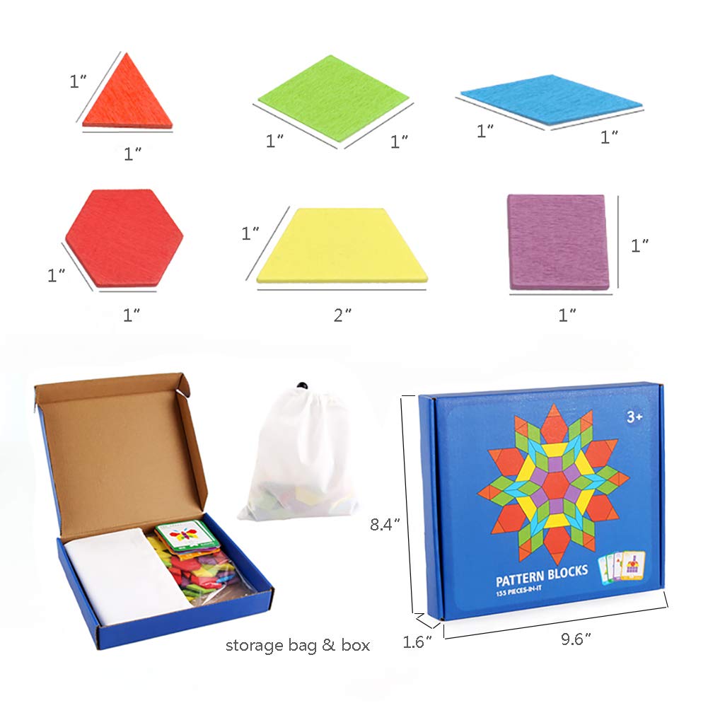 GEMEM 155 Pcs Wooden Pattern Blocks Set Geometric Shape Puzzle Kindergarten Classic Educational Montessori Tangram Toys for Kids Ages 4-8 with 24 Pcs Design Cards
