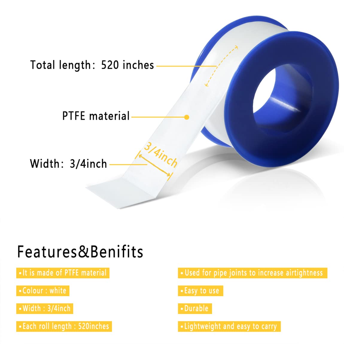 VOTMELL 4 Rolls 3/4 Inch(W) X 520 Inches(L) Teflon Tape,for Plumbers Tape,Plumbing Tape,PTFE Tape,Thread Tape,Plumber Tape for Shower Head,Pipe Sealing,Thread Seal,White