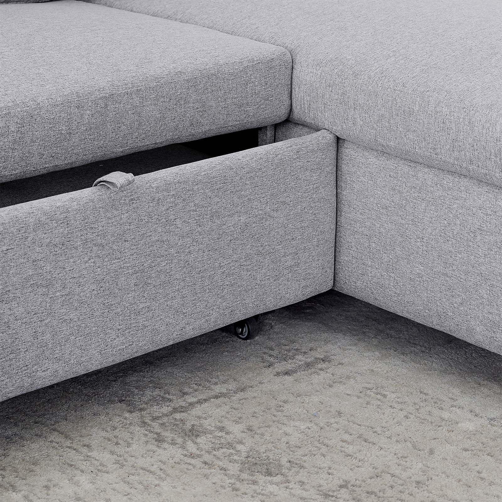 Antetek Reversible Sectional Sofa Couch with Pull-Out Bed, Modern Linen L-Shaped Sleeper Sofa Bed with Storage Chaise/Cup Holder/Side Pocket, Furniture Set for Living Room, Small Space, Light Grey