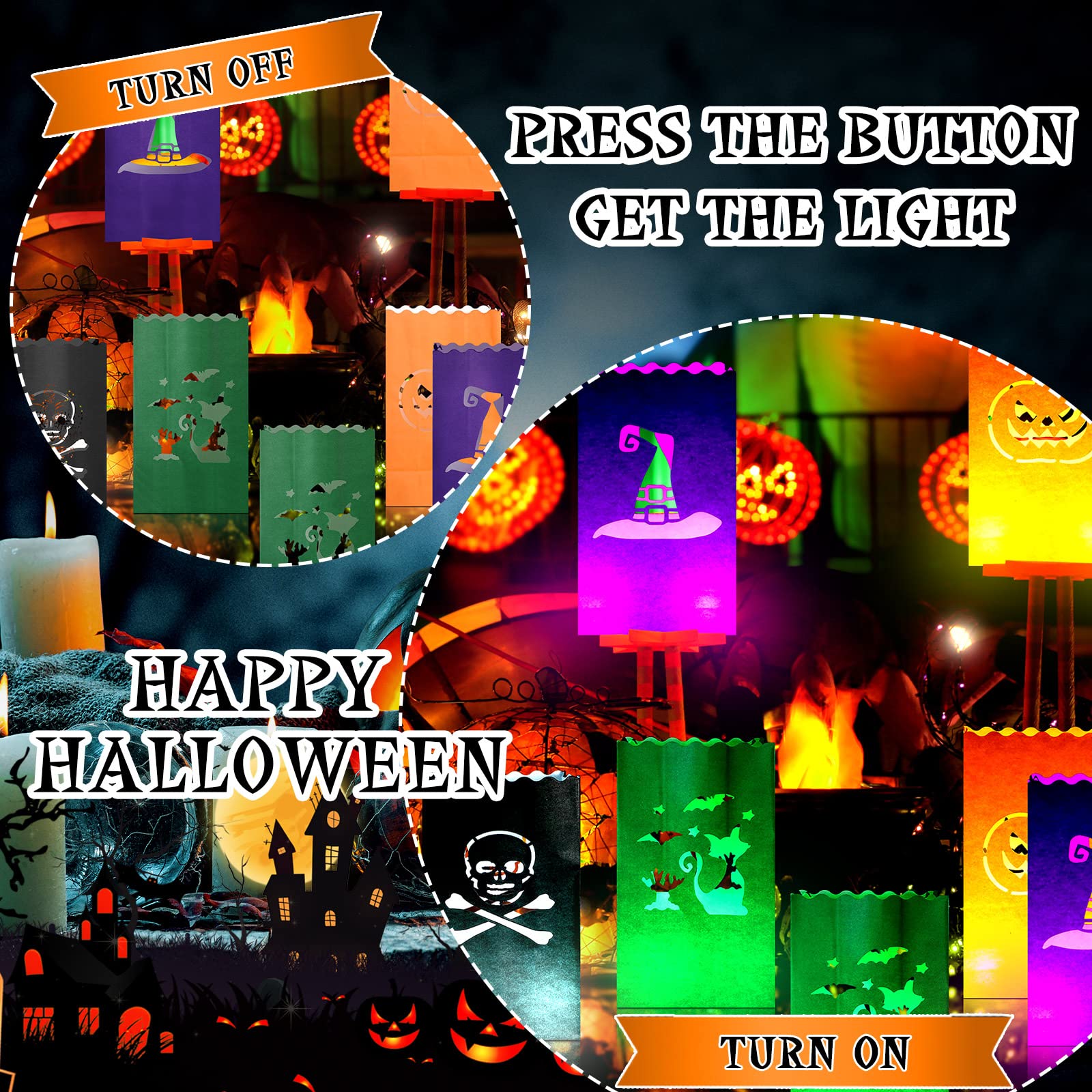 Meanplan 48 Pcs Halloween Luminary Bags with LED Light Candles Set 24 Pcs Luminary Candle Bags 24 Pcs LED Tealight Candles Ghost Lantern Bags for Halloween Outdoor Indoor Patio Decorations (Novel)