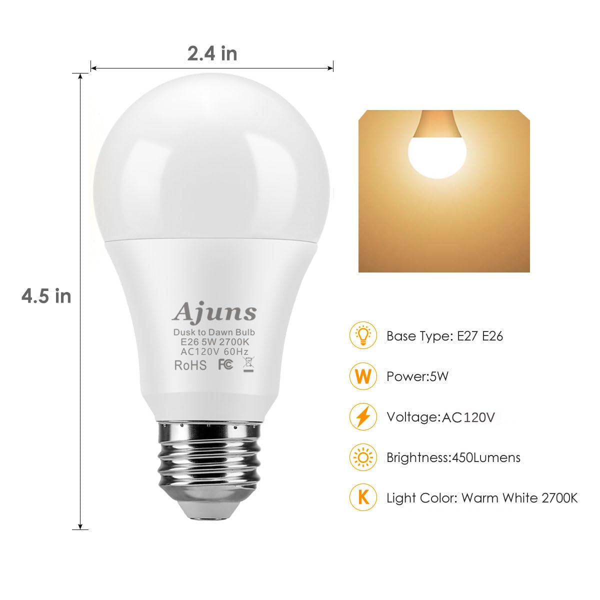 Ajuns Dusk to Dawn LED Light Bulb, Sensor Light Bulb 5W E26 Automatic On/Off Light, Porch Garage Courtyard Balcony Lighting Bulb 2700K Warm White 2Packs