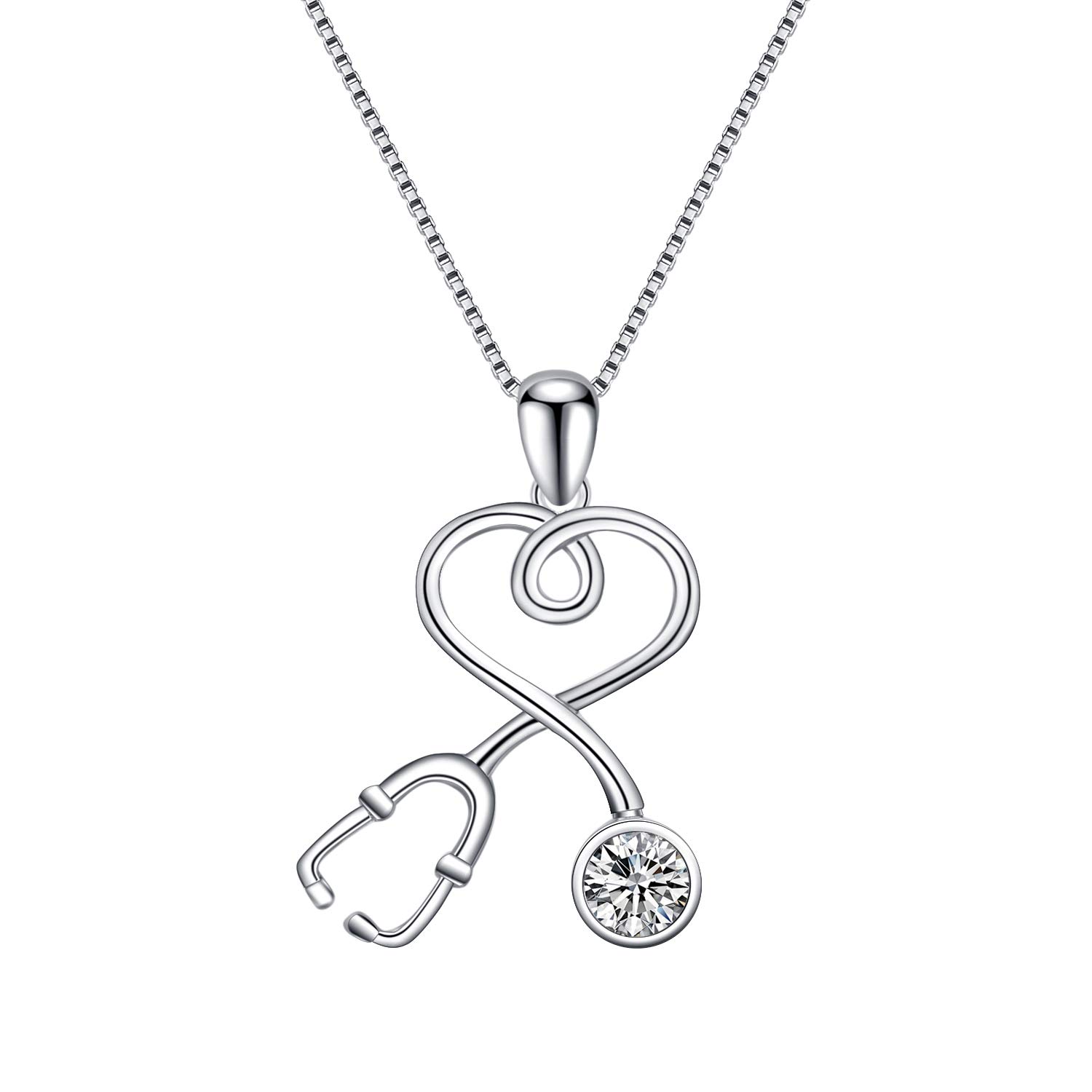 AOBOCO Sterling Silver Stethoscope Necklace Infinity Heart Pendant Doctor Nurse Necklace with Clear Austria Crystal, Women Medical Jewelry Gifts for Medical Student Doctor Nurse Female