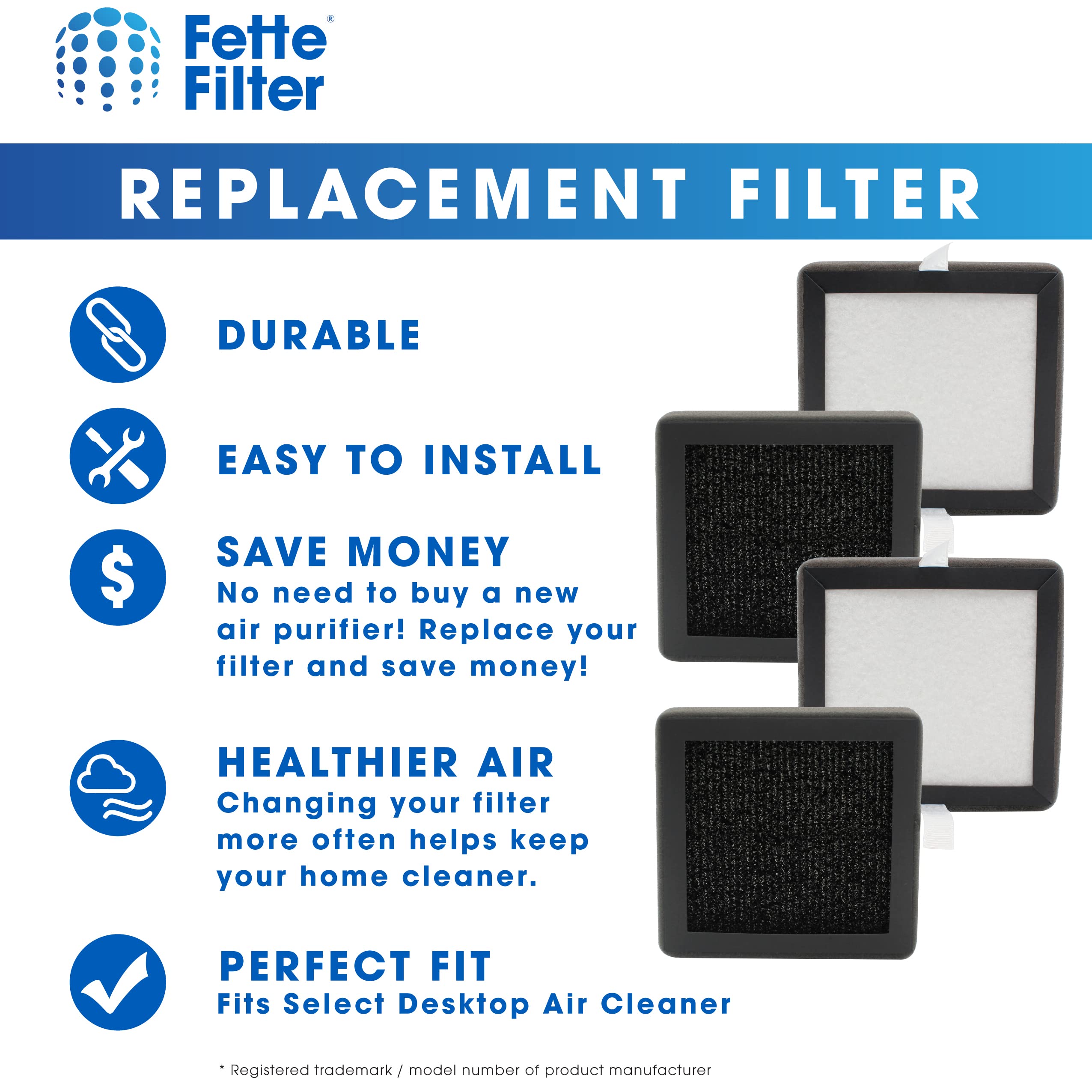 Fette Filter - True HEPA Air Purifier Filters with Activated Carbon Filters Compatible for Potulas Compact Desktop Air Purifier - Pack of 4
