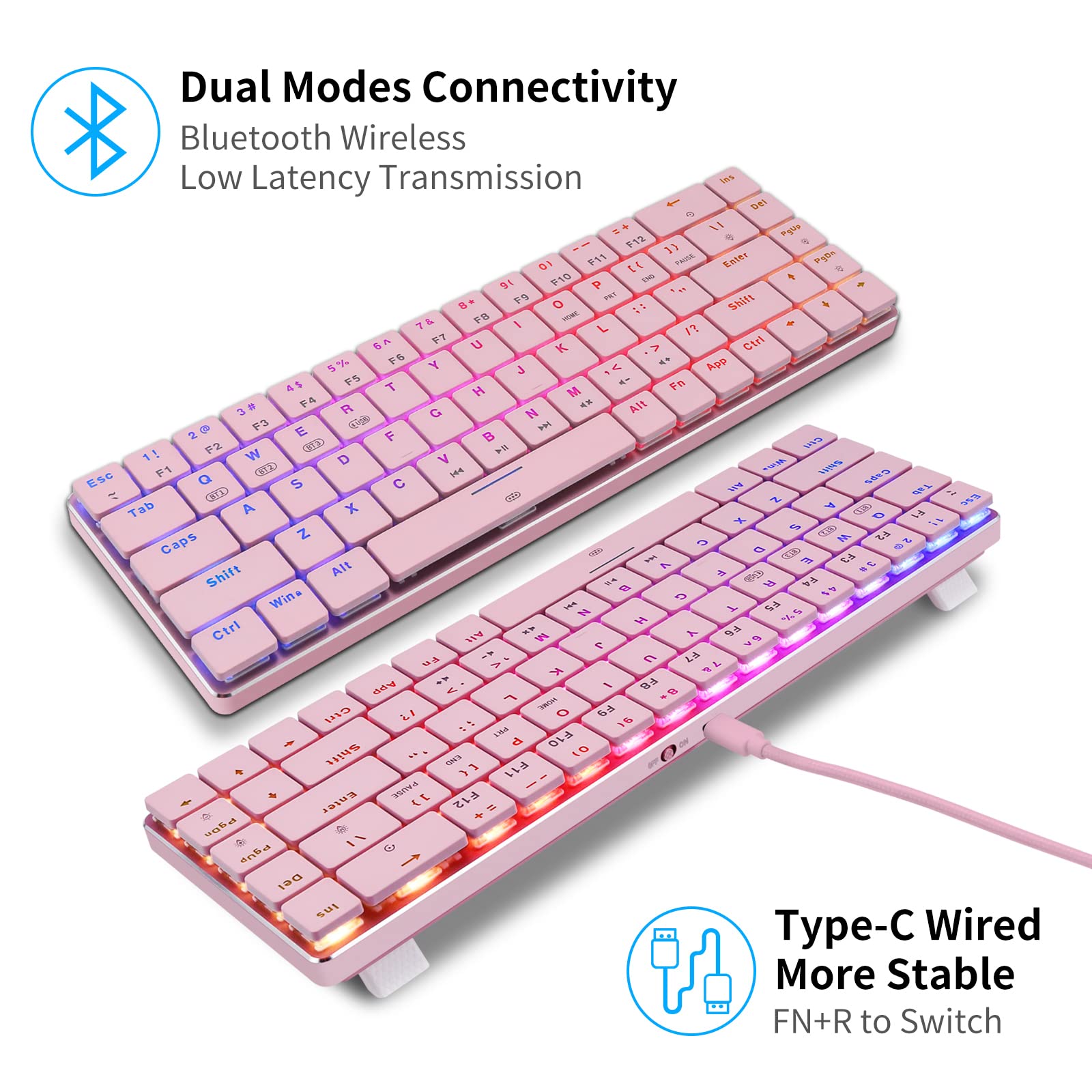 chuangquan CQ009 Mechanical Wireless/Wired Gaming Keyboard Bluetooth 5.0 RGB Backlit Blue Switch Compact 69 Keys Compatible with PC, Laptop and Smartphone (Pink)