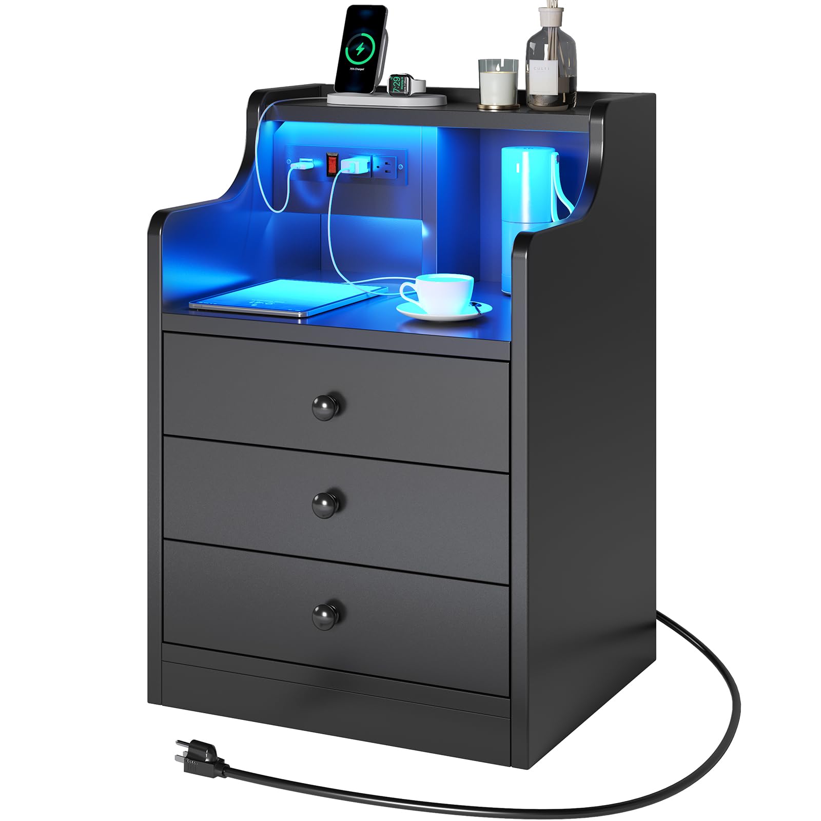 BTHFST Nightstand with Charging Station and LED Lights,Night Stand with Hutch,Bedside Table with Drawers,Modern End Side Table for Bedroom,Black