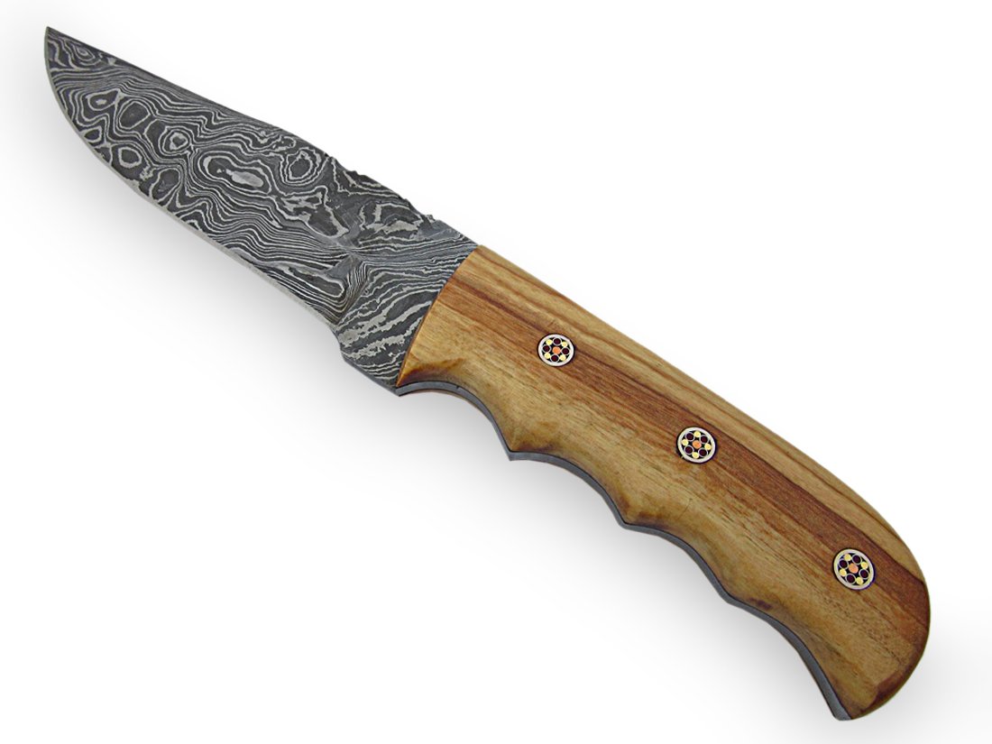 AishaTech Savage Fixed Blade Hunting Knife Damascus Steel Blade Wood Handle w/Mosaic Pin