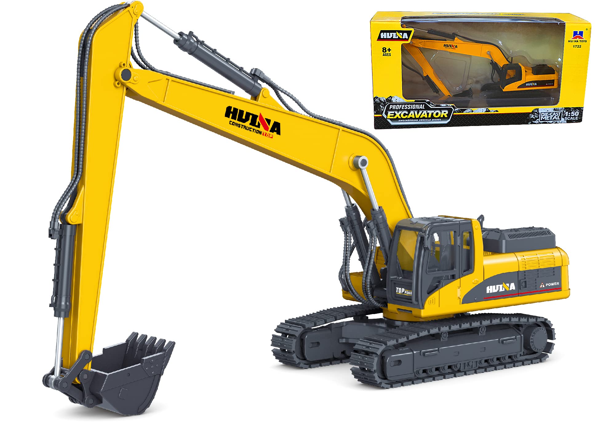Gemini&Genius Long Reach Excavator Toy for Kids, Heavy Duty Construction Vehicle Digger Toys, 360-degree Rotatable Driver's Compartment, Multi-Jointed Movable Tracked Vehicle for Kids Gift (Yellow)