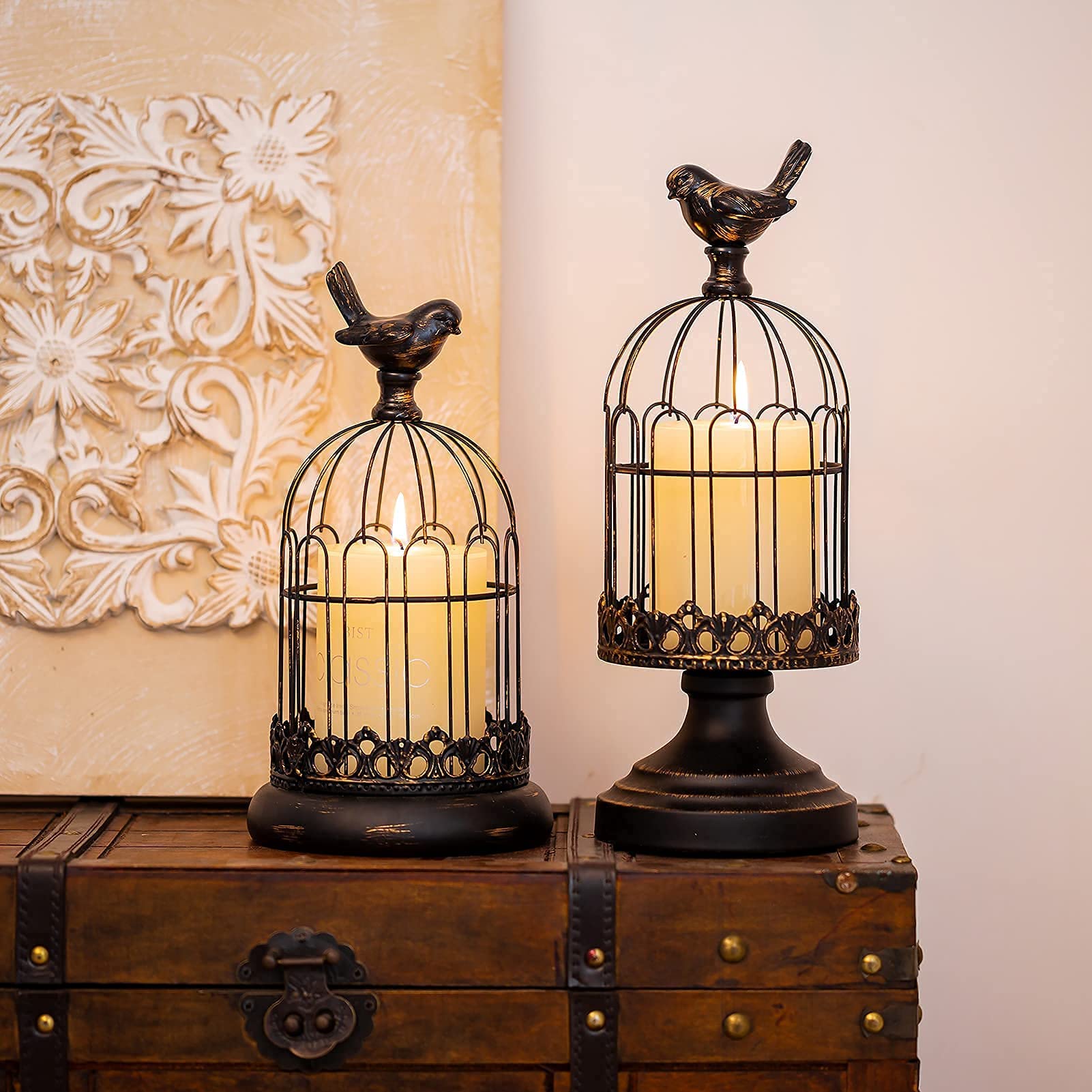 Decorative Candle Holder Bird Cage - Set of 2 Cage Lanterns for Candleholder Shabby Chic Country Home Decoration Table Centerpiece Mantel Decor, 10’’/12’’ Tall, Distressed Ivory