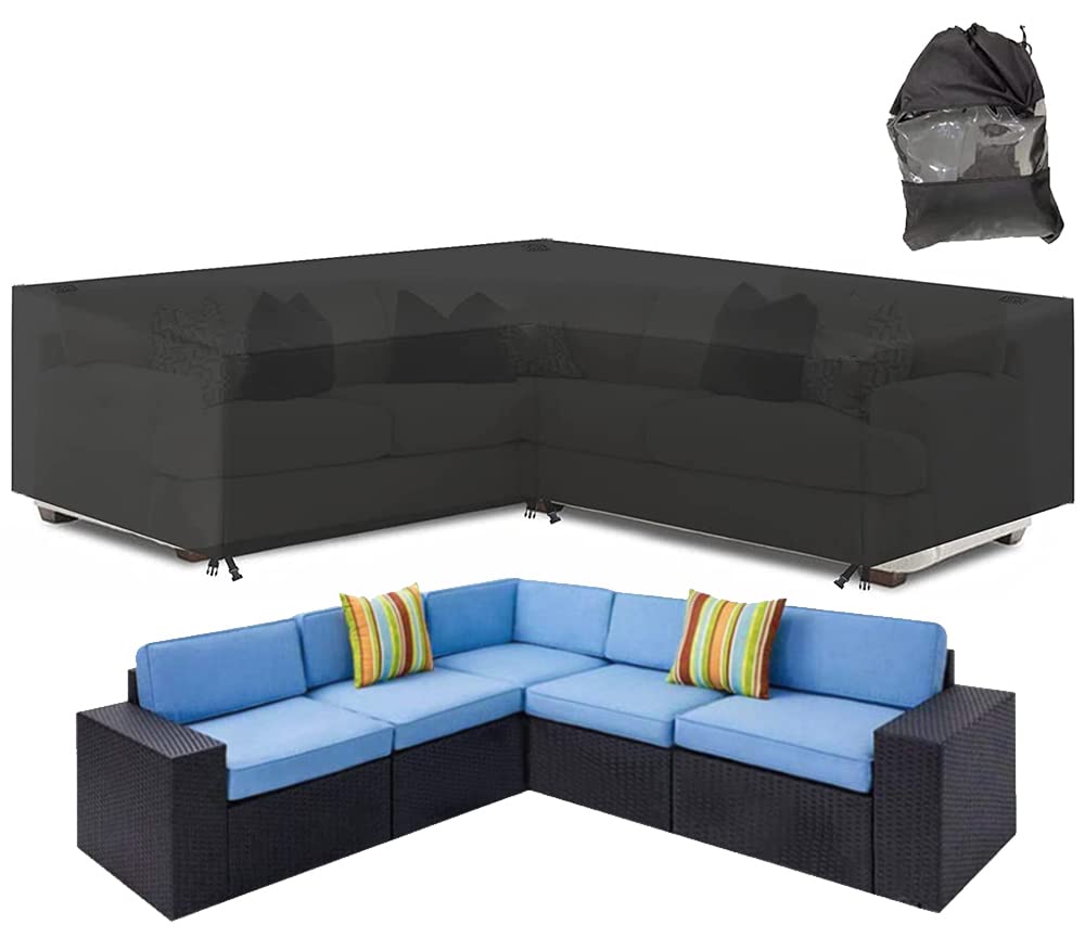 Skyour Patio Furniture Sectional Couch Sofa Cover Weatherproof Heavy Duty 420D Oxford Outdoor V Shaped Sectional Garden Rattan Corner Sofa Furniture Protector Covers Black (V-Shape: 117x117in)