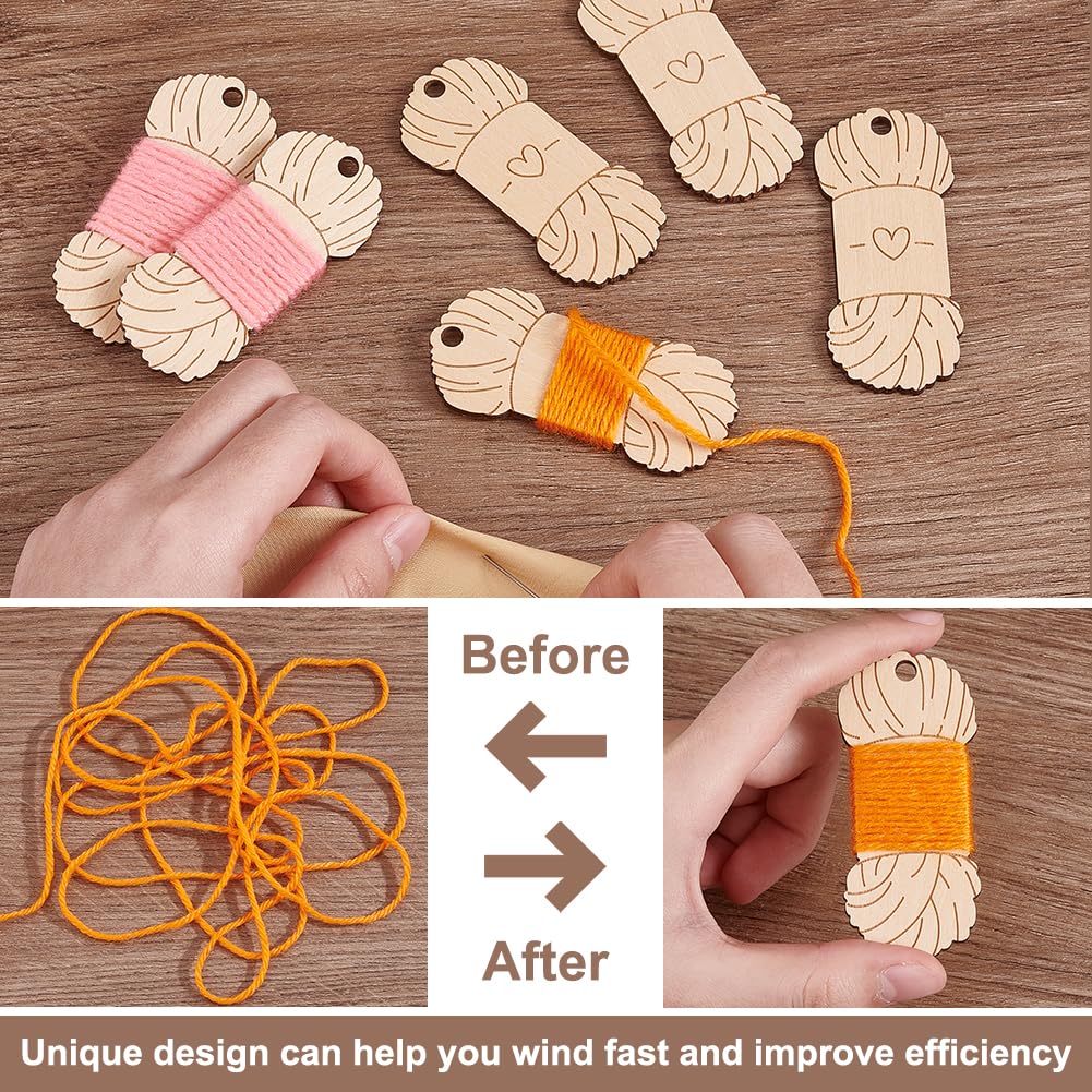 BENECREAT 12Pcs Wooden Blank Yarn Peg, Creative Woolen Thread Winding Boards, Knitting Yarn Holder with Iron Ring for Embroidery Needlework Macrame Weaving Cord and Sewing Threads