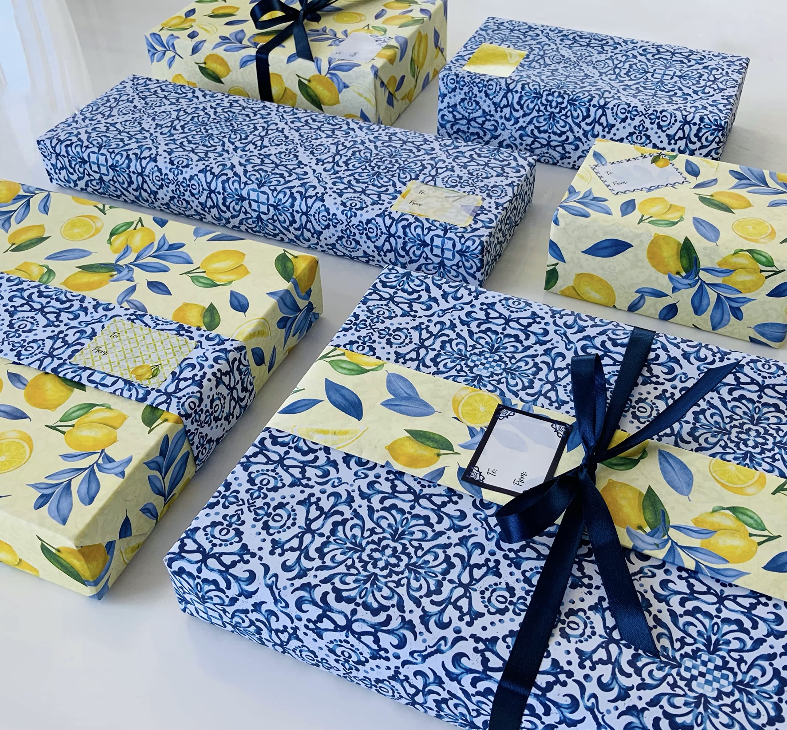 ECOARTTE Fall Harvest Lemons and Moroccan Tile Wrapping Paper set includes: 6 Reversible Sheets 28âx20â, 6 Adhesive Gift Tags and 3 yards of Ribbon. The Paper is 100% Recyclable, Great for Weddings & More
