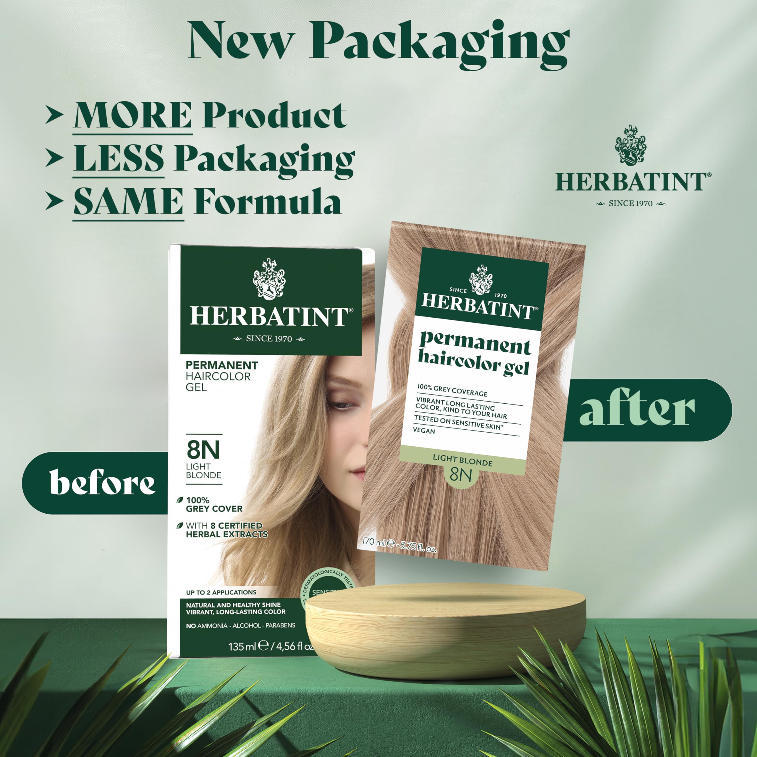 Herbatint Permanent Haircolor Gel, 8N Light Blonde, Alcohol Free, Vegan, 100% Grey Coverage - 4.56 oz