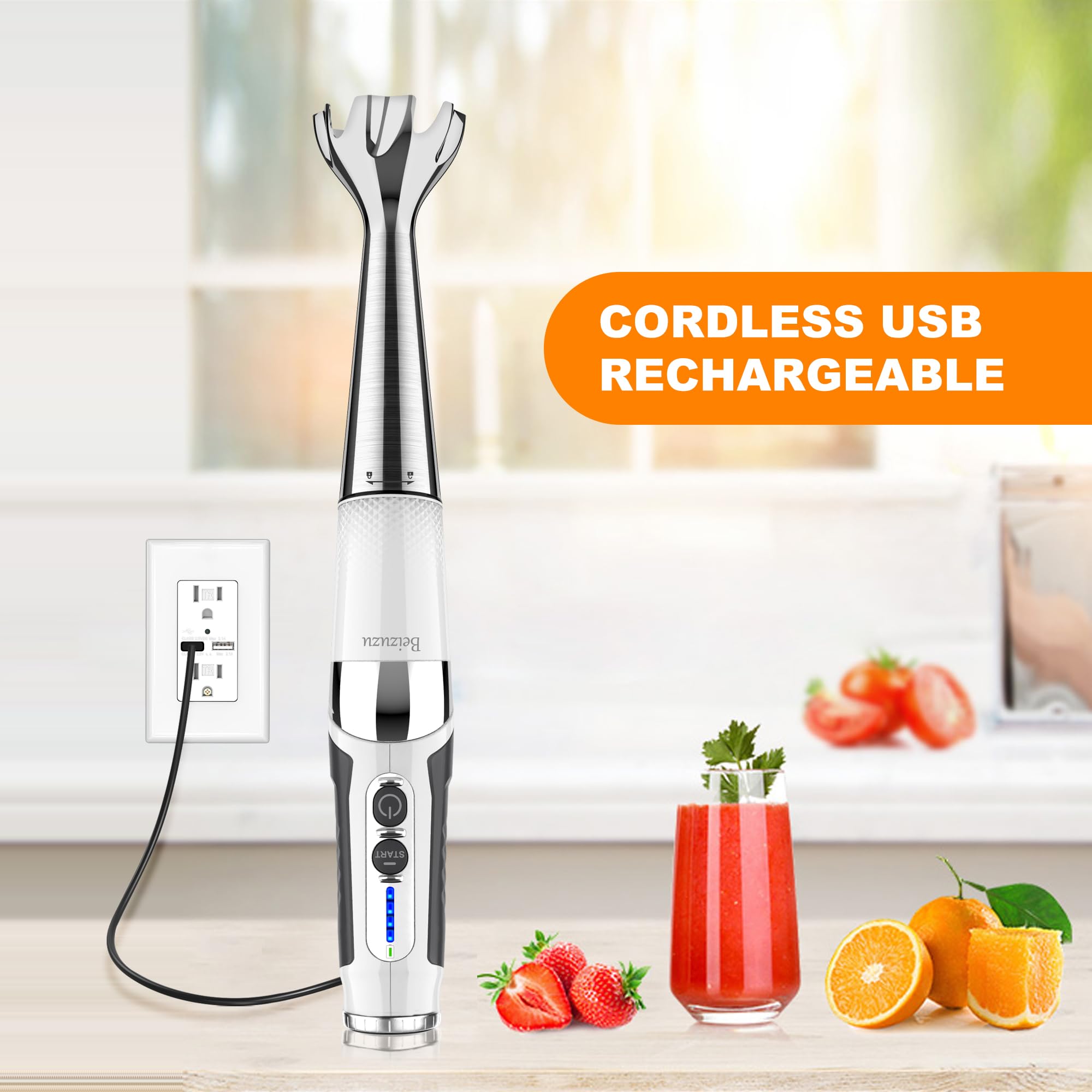 Cordless Hand Blender: 4-in-1 USB Rechargeable Immersion Blender, 21 Variable Speeds & 3-Angle Adjustable with 700ml Chopper, 700ml Beaker, Egg Whisk and Beater for Smoothies, Soup, Baby Food (White)