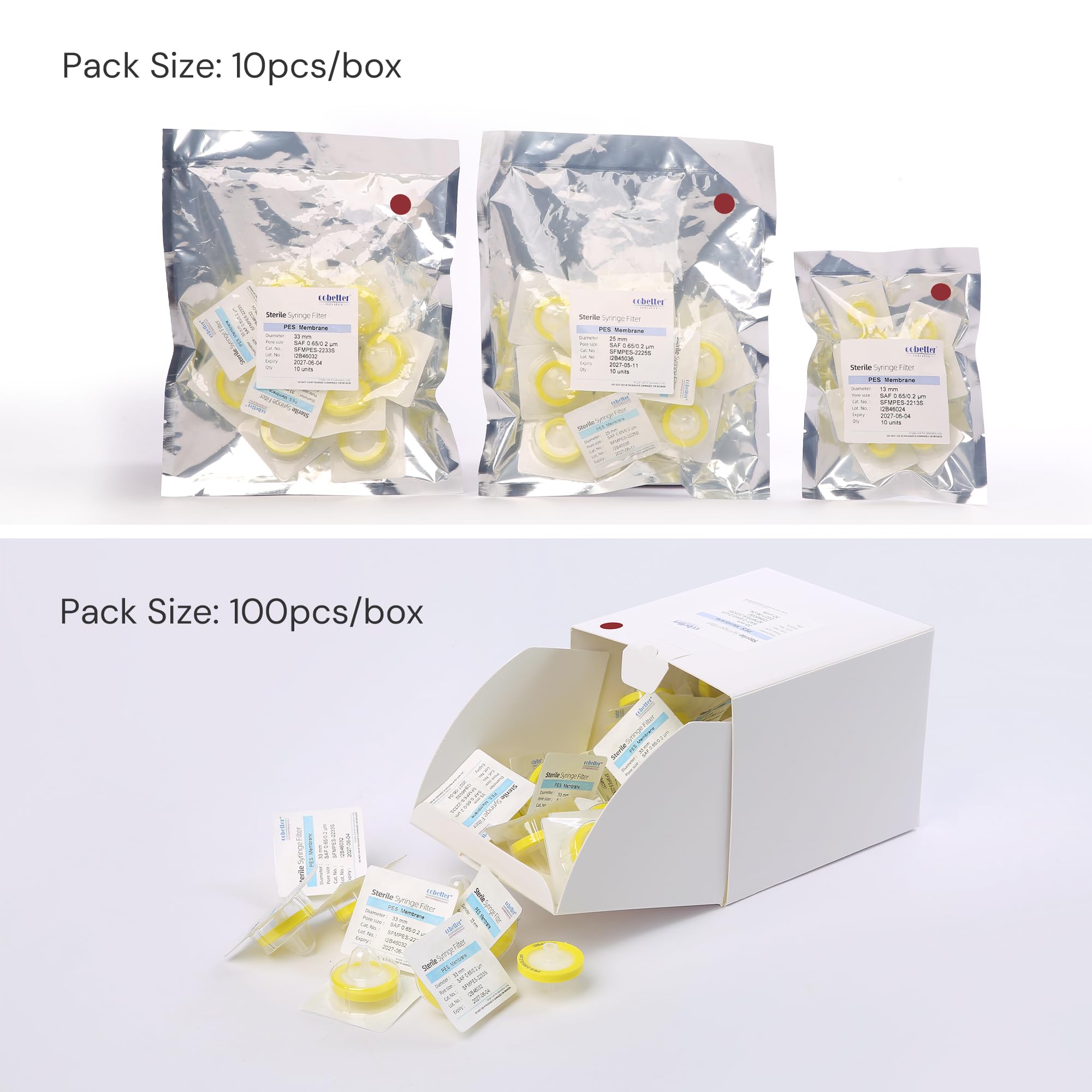 COBETTER 10 pcs/pk Sterile Syringe Filter Double-Layer PES Hydrophilic Membrane 0.2μm Lab Filters 25mm Diameter Individually Packed, Yellow