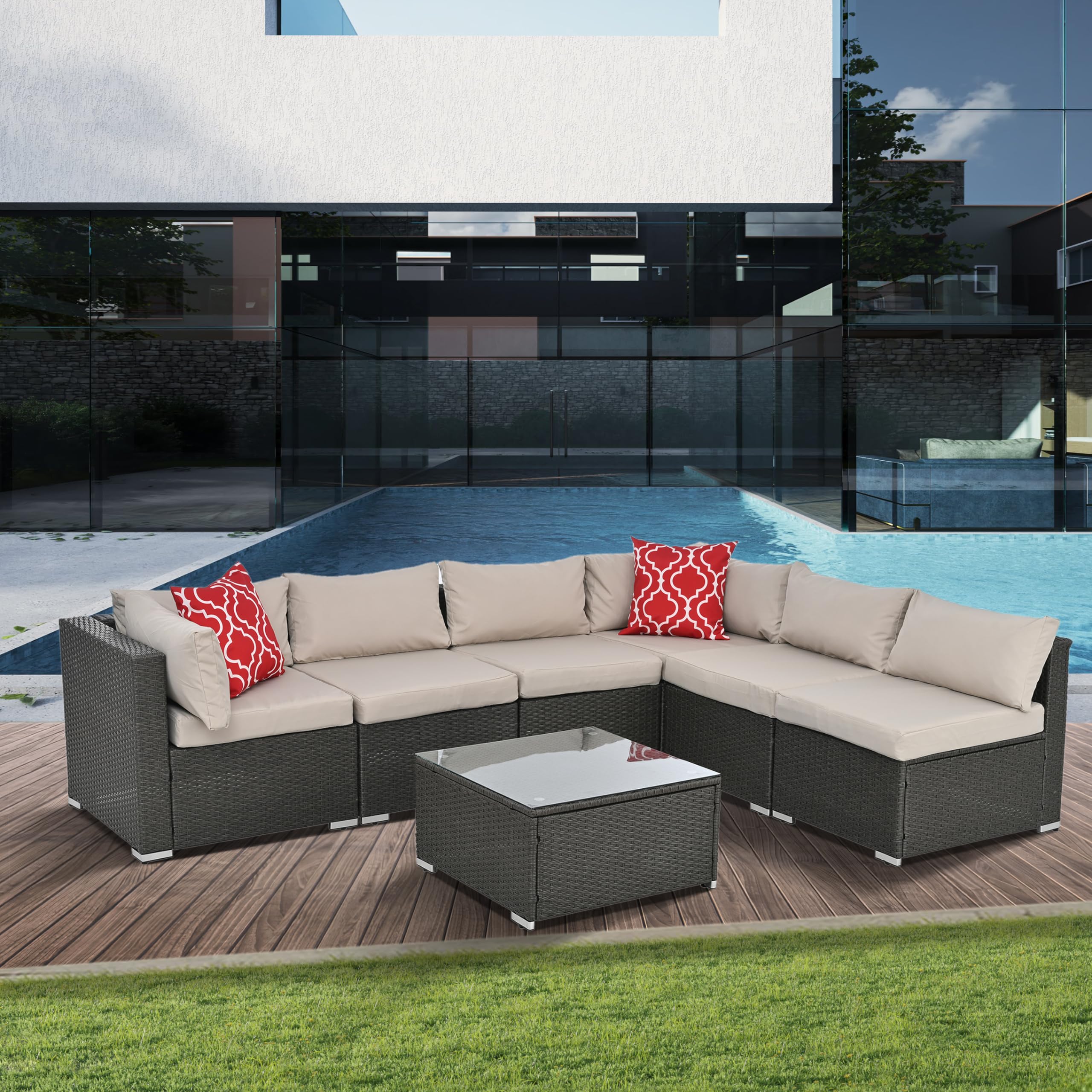 Morhome 6 Piece Patio Furniture Set Rattan Outdoor Sectional Conversation Sets, Dining Table Chair with Bench and Cushions for Backyard, Pool, Lawn