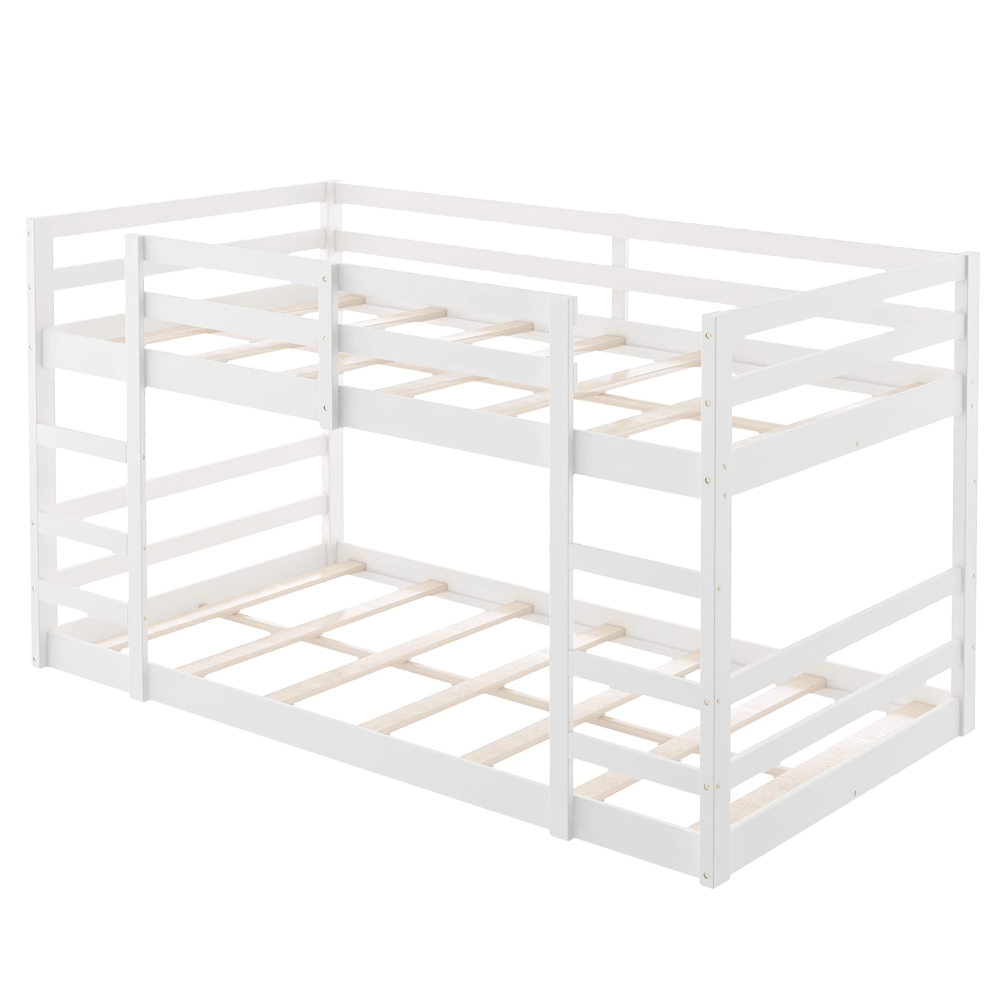 P PURLOVE Wood Low Bunk Bed Twin Over Twin Bunk Bed for Kids Low Loft Bed and Floor Bed for Kids Teens, Wood Slat Included, No Box Spring Need