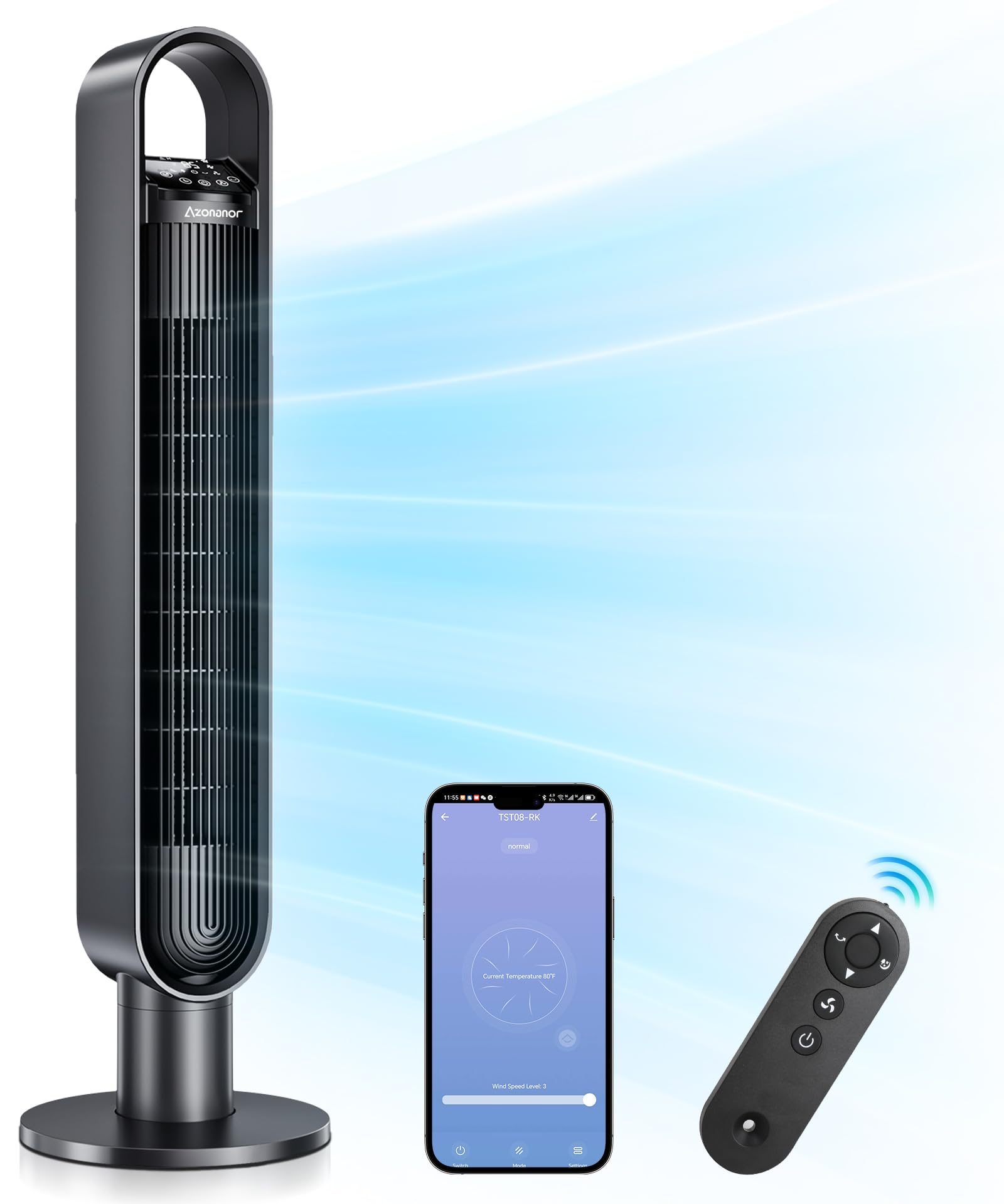 Azonanor Tower Fan for Bedroom, 90° Oscillating Standing Bladeless Fan with Remote, 12H Timer, 3 Speeds Max 28ft/s, 3 Modes, LED Display Floor Fans Works with Tuya/Smart Lift
