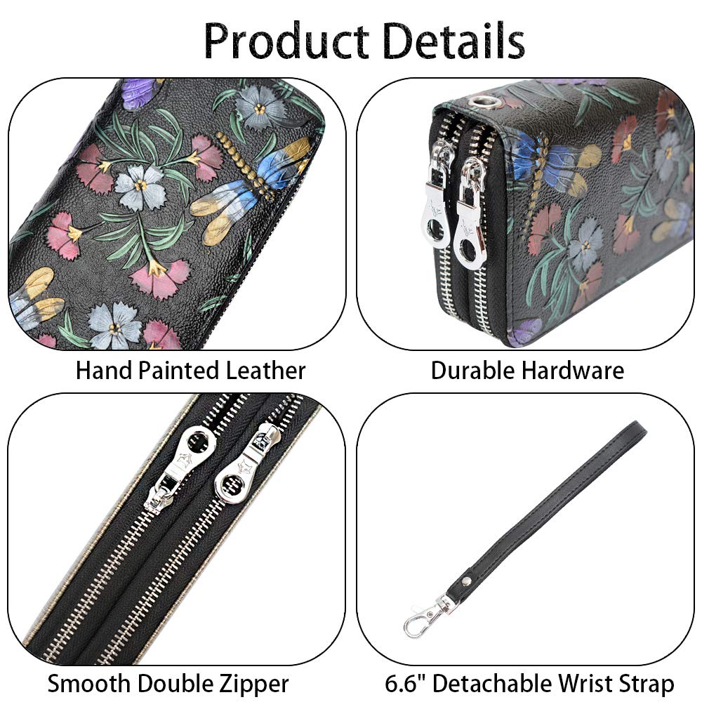 GENTFOX Women's Wallet RFID Blocking Leather Double Zipper Cellphone Wallet Long Purse with Removable Wrist Strap