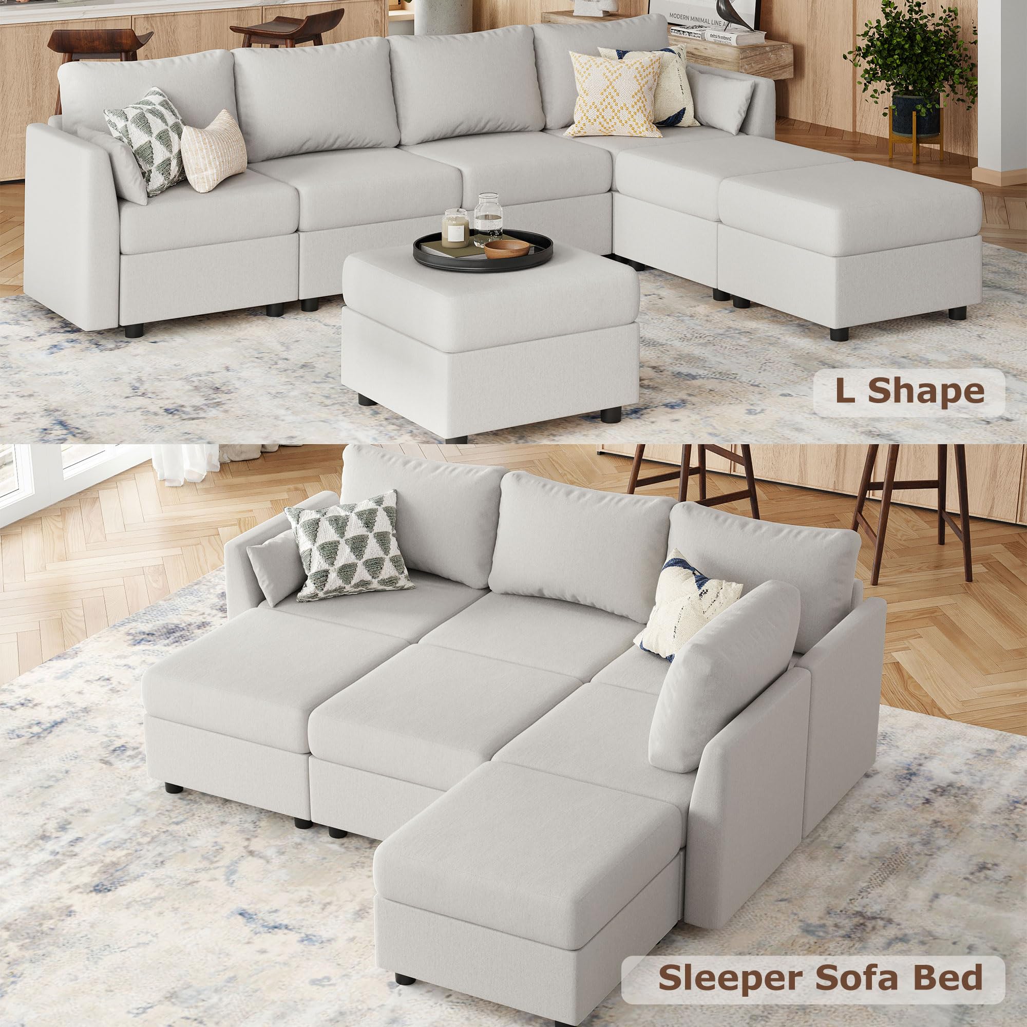 Mangodan Modular Sectional Sofa with Storage, Convertible 7 Seat Sectional Couches for Living Room, U Shaped Sectional Sofa with Chaise, Comfy Sectional Sleeper Sofa, High Supportive Sponge-Beige