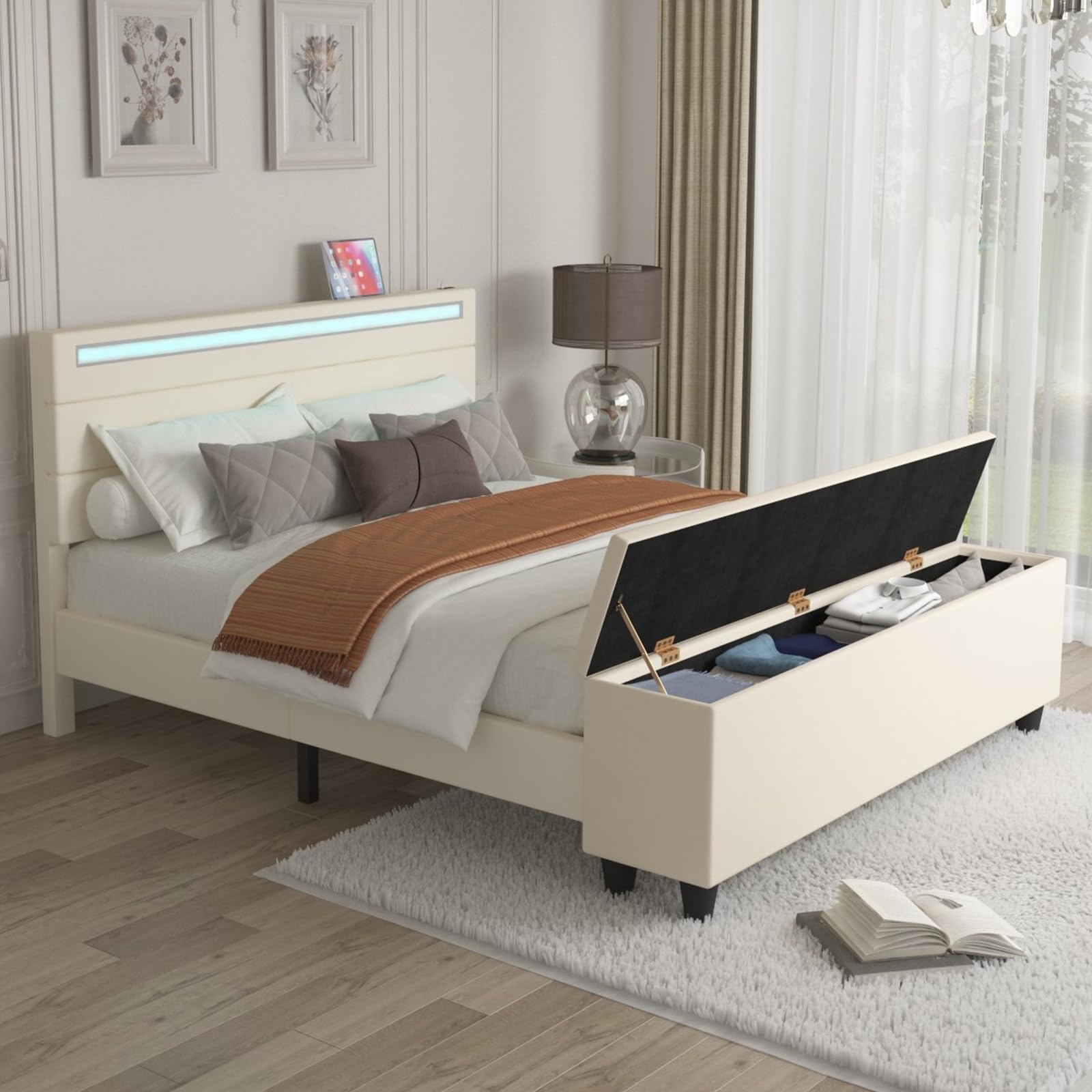 Benevika Upholstered Platform Queen Bed Frame with Large Storage, Modern Linen Fabric Headboard with LED Lights and Charging Station, Sturdy, Ottoman, No Box Spring Needed, Easy Assembly, Grey