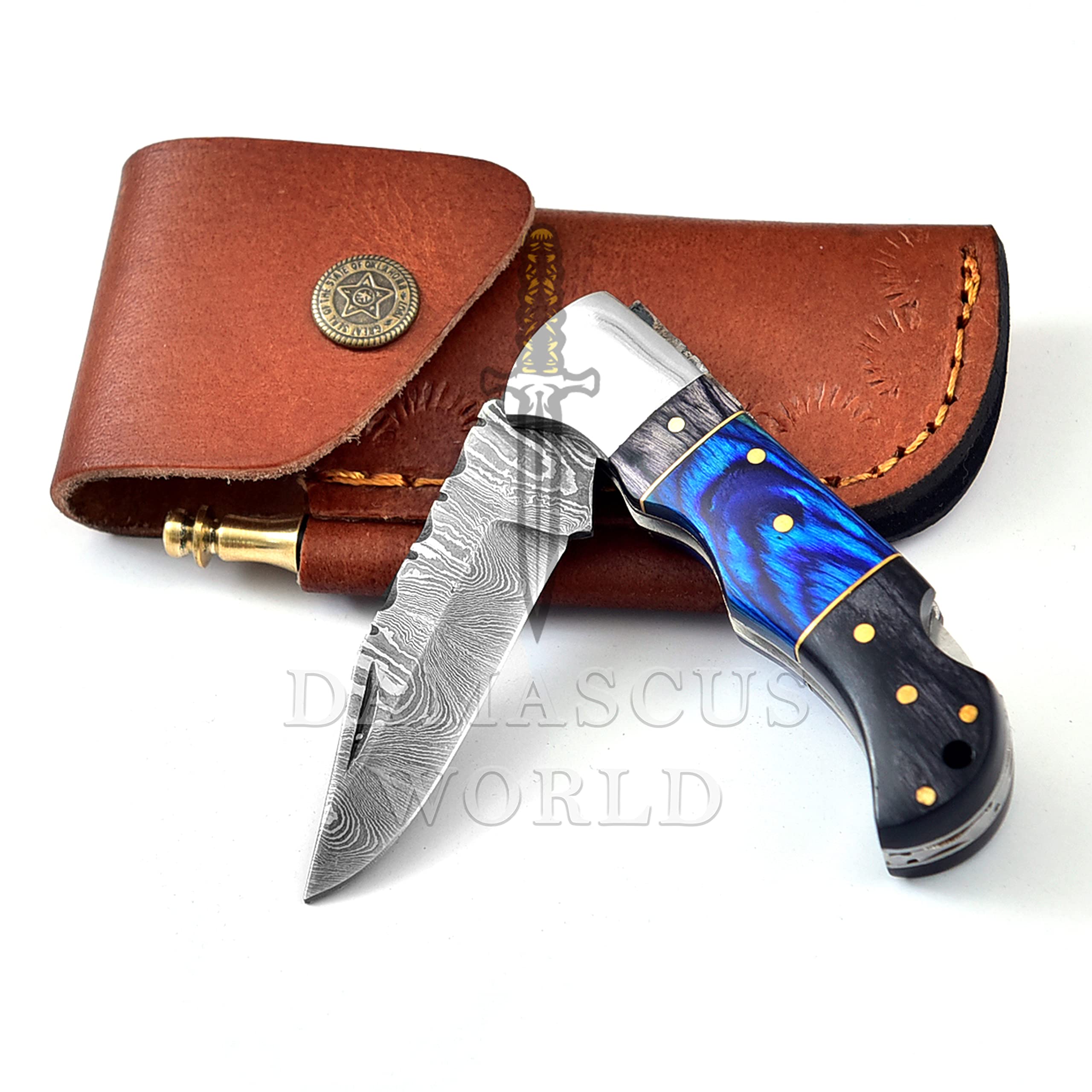 AHAFR DW-995-FLD 6.5 Inch 100% Handmade Damascus Folding Knife for Men - Folding Hunting Knife with Back Lock Leather Sheath & Knife Sharpener (Black Pakka Wood)