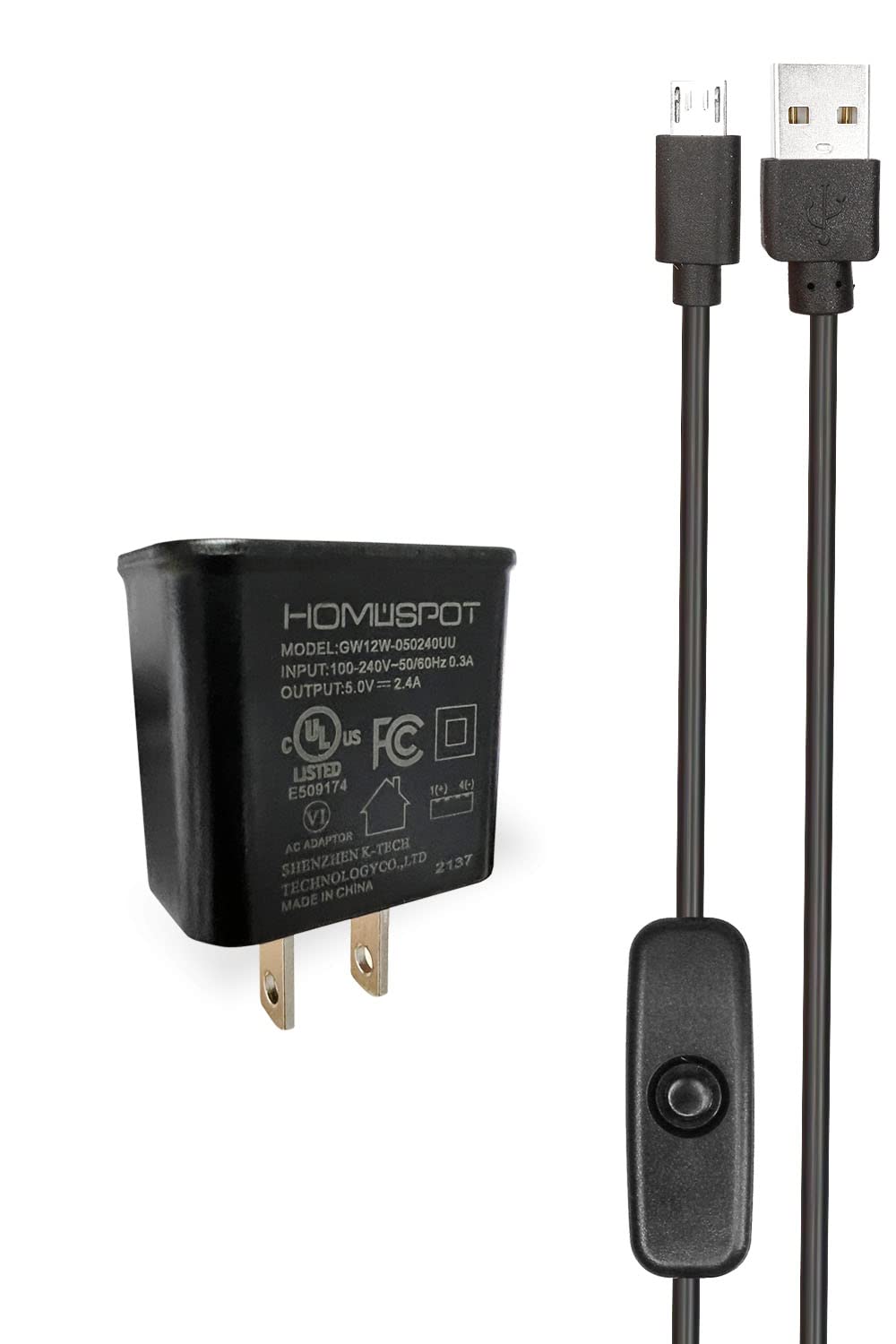 HomeSpot 5V 2.4A Power Supply/Adapter/Charger (UL Listed) with 5ft Long Micro USB Cable with On Off Switch Button for Raspberry Pi Arduino