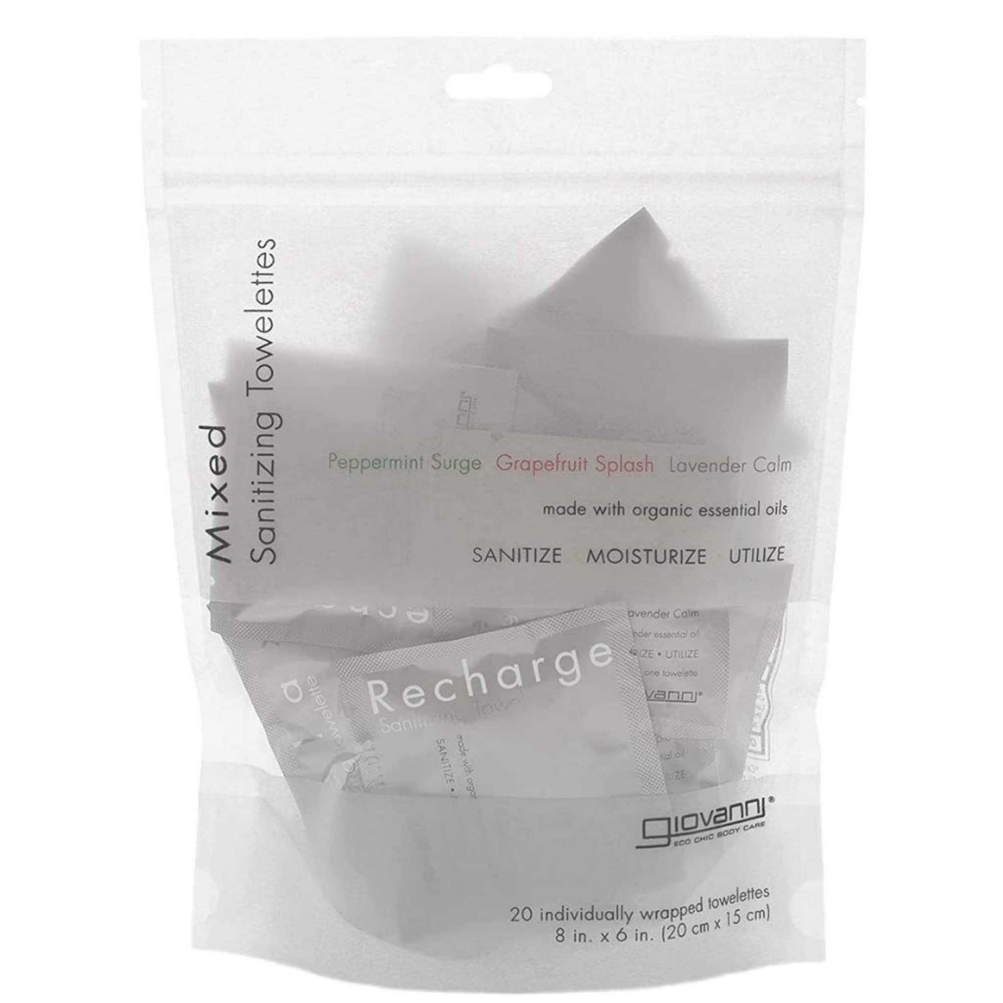 GIOVANNI Mixed Scents Cleansing Towelettes - Grapefruit, Lavender, Peppermint, Enriched with Aloe Vera & Vitamin E, Perfect for Purse, Gym, Travel, On-The-Go - 20 Individually Wrapped