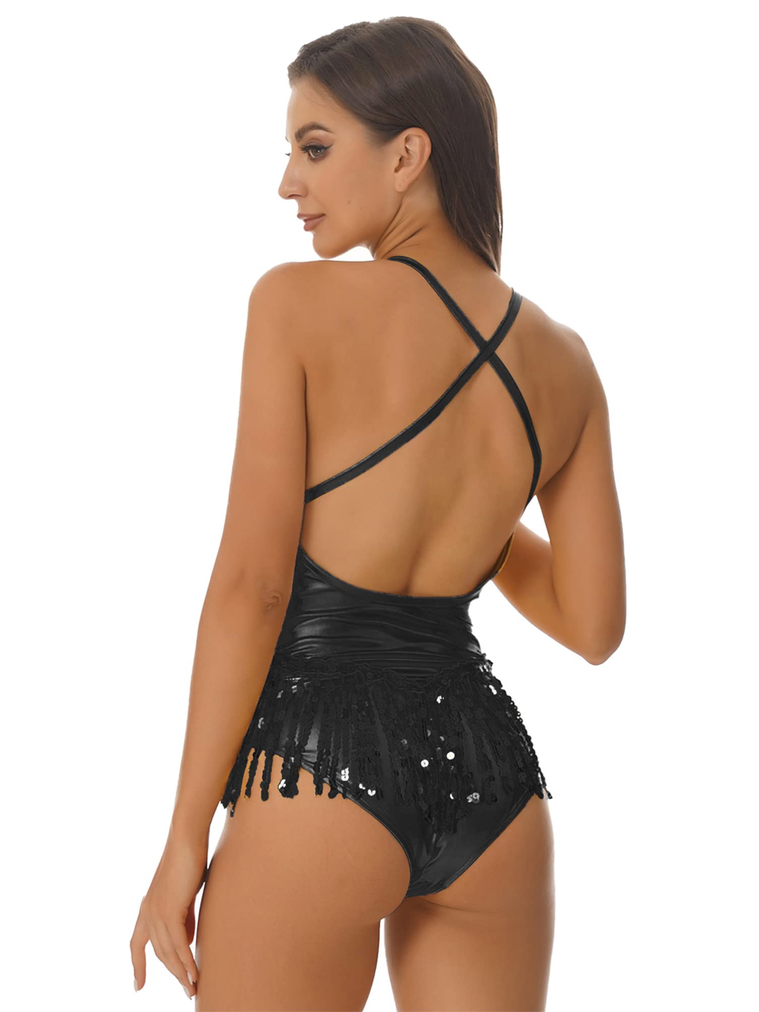 Aislor Women's Sparkly Sequin Tassel Bodysuit Fringes Latin Dance Leotard Samba Rumba Performance Jumpsuit White Small