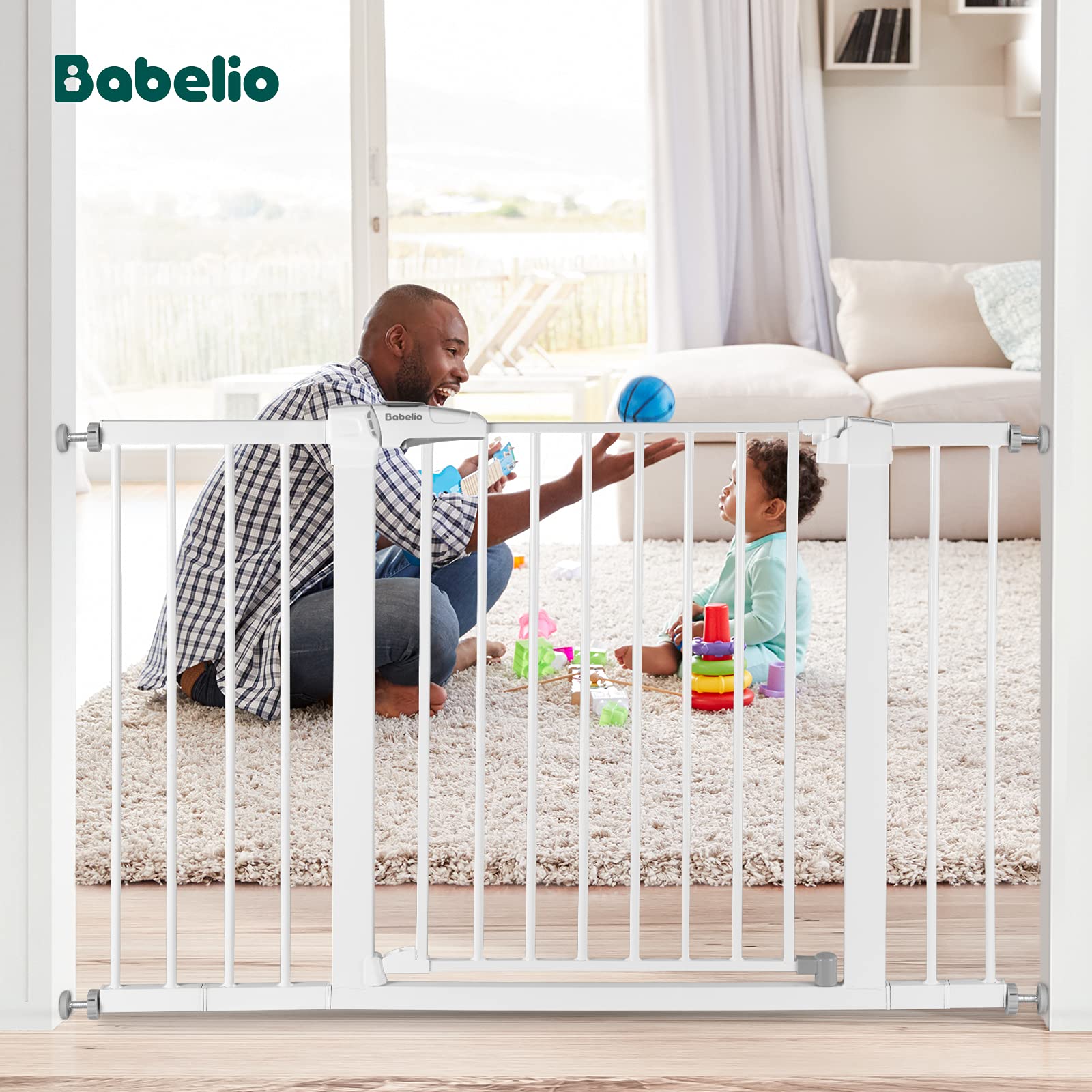 BABELIO 29-51 Inch Extra Wide Baby Gate Dog Gate, Metal Pet Gate for Stairs & Doorways, Pressure Mounted Walk Thru Child Gate with Door, NO Need Tools NO Drilling, with Wall Cups, White