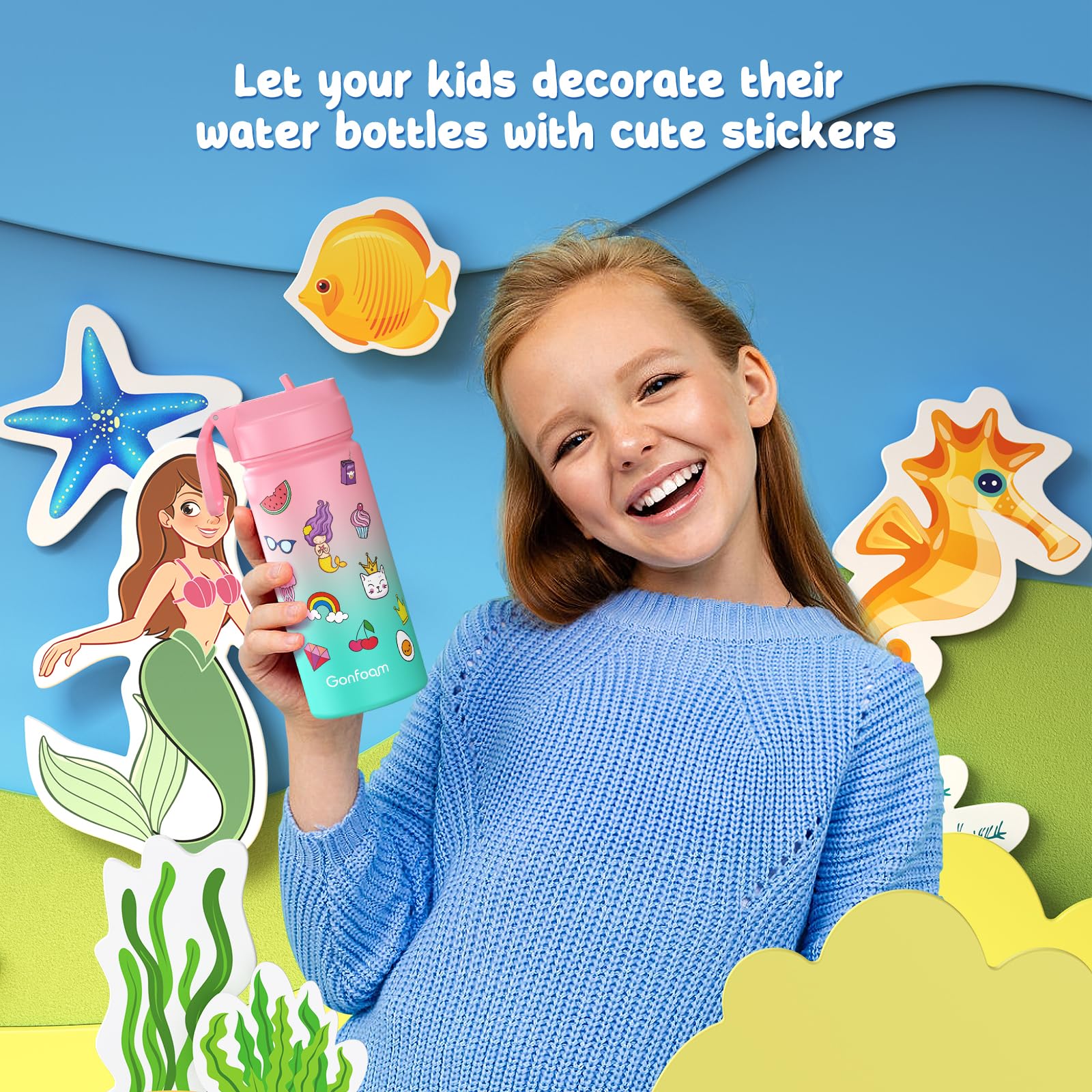 Kids Water Bottle, 16oz Kids Water Bottle with Stickers for School(Pink/Green)