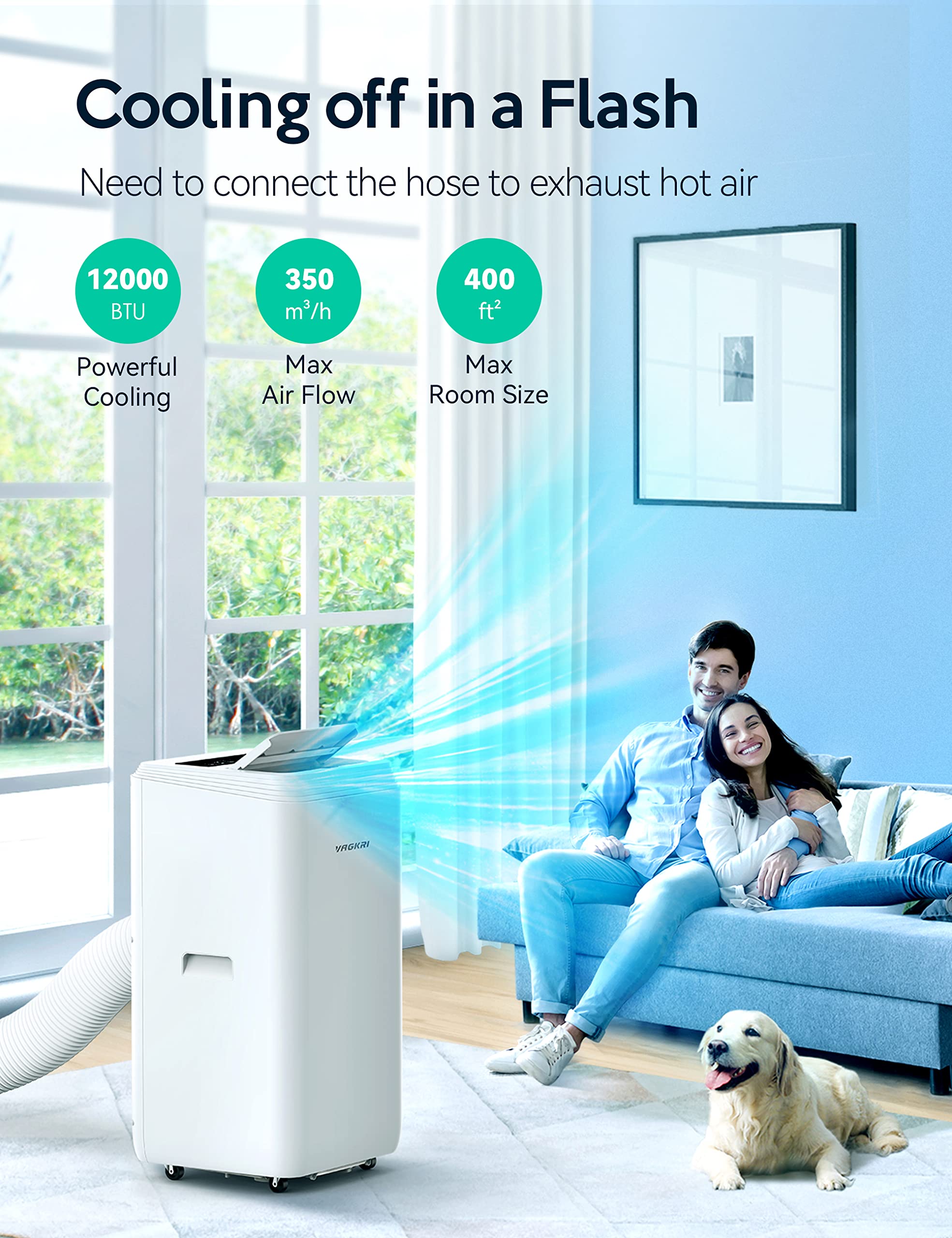 VAGKRI Portable Air Conditioners 12000 BTU, 3-in-1 AC Unit with Fan & Dehumidifier Cools up to 400 sq. ft, Portable AC with ECO Mode, 3 Fan Speeds, Auto Swing, 24H On/Off Timer, Remote Control