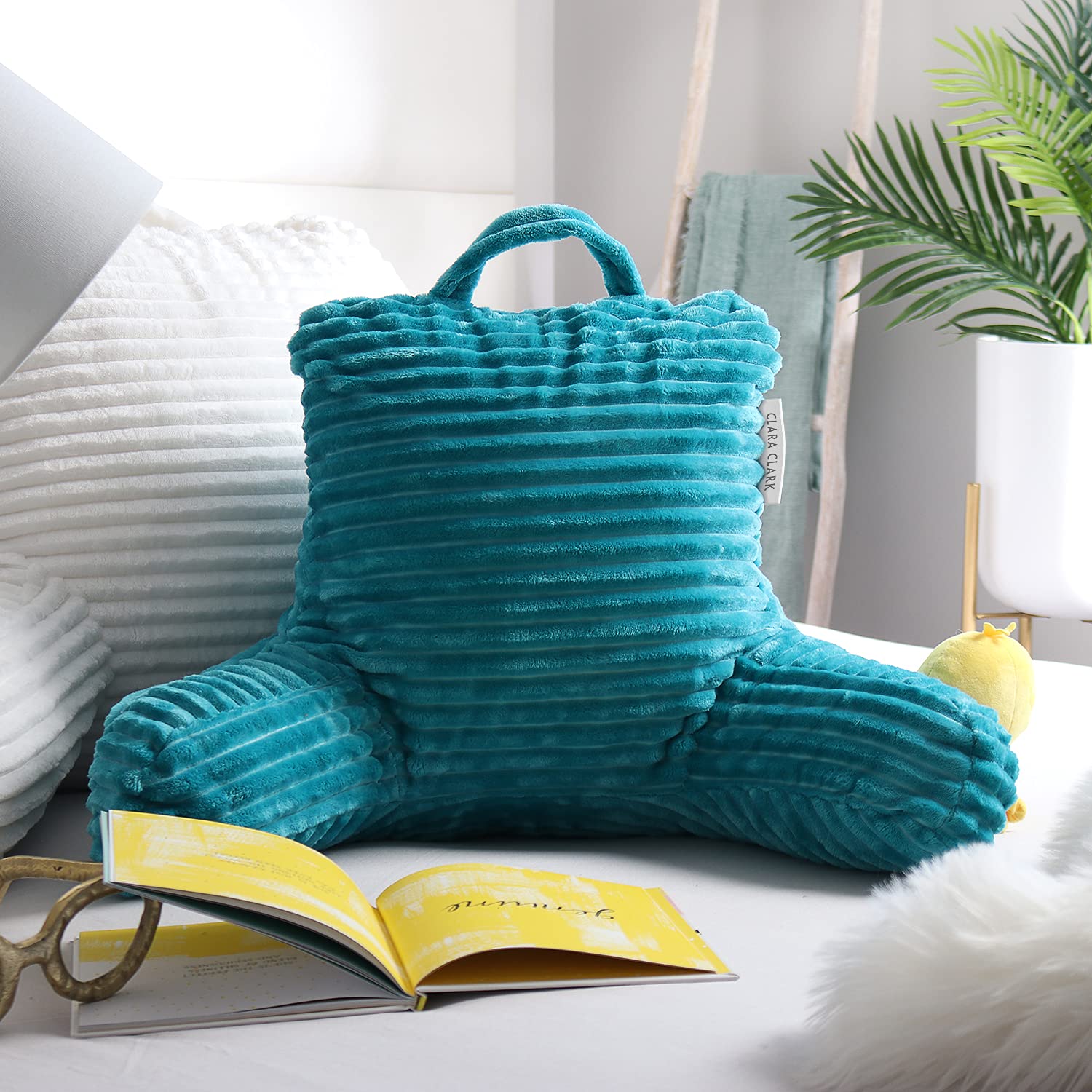 Clara Clark Reading Pillow for Kids – Back Pillow for Sitting in Bed, Plush Bed Pillows for Sitting Up in Bed, Teal Kids Reading Pillow, Shredded Foam Bed Chair Pillow with Arms and Pockets