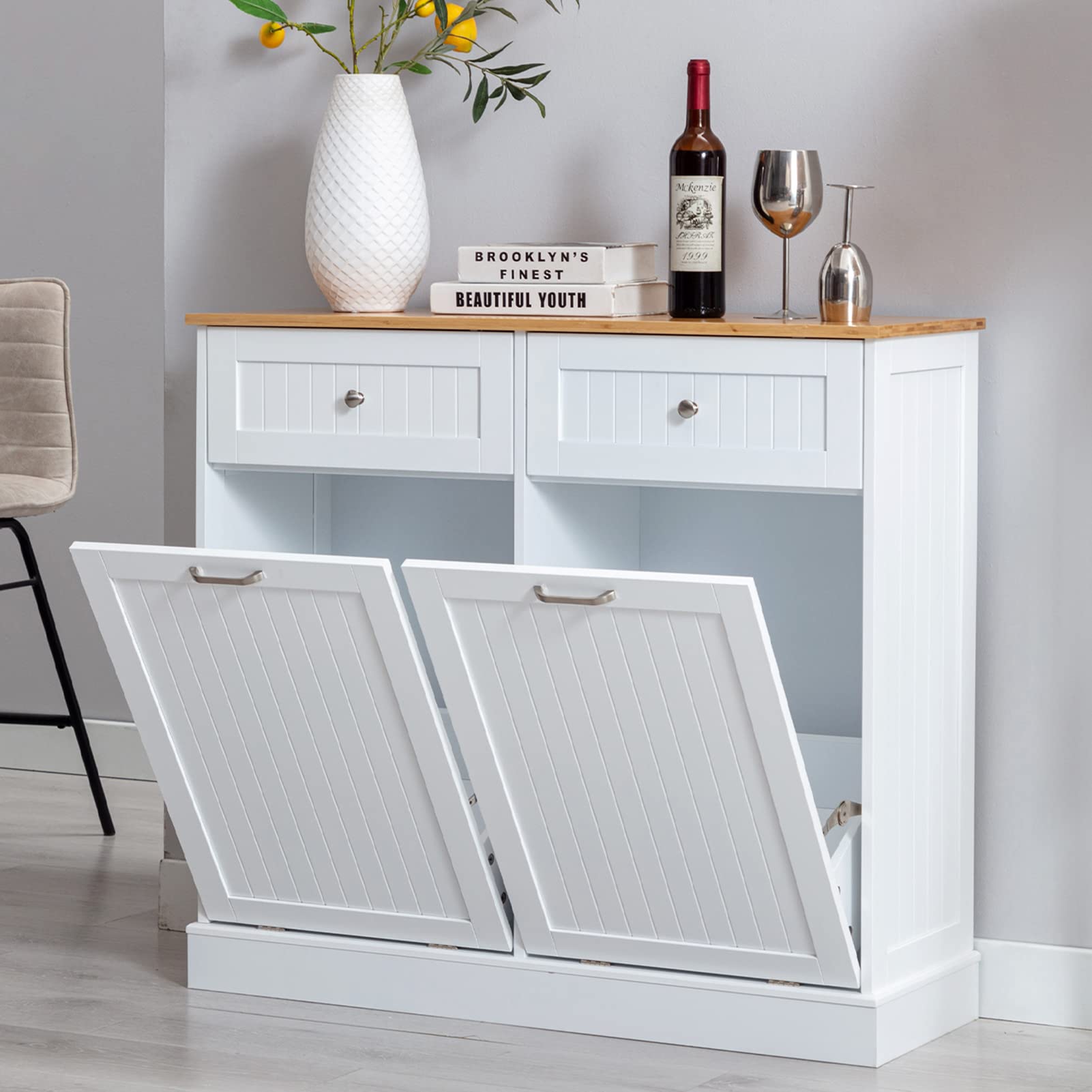 Double Tilt Out Trash Cabinet 20 Gallon, Freestanding Wooden Kitchen Trash Recycling Cabinet with Drawer & Removable Cutting Board, Dog Proof Trash Can Cabinet, White