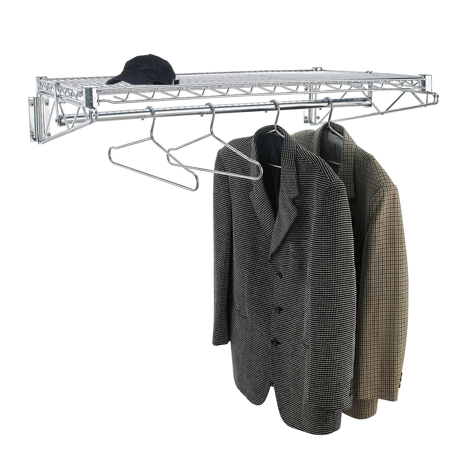 Nexel Commercial Wall Mount Coat Rack with Bar, 48"W x 24"D x 6"H, Durable Chrome Plated Steel Wire, 24 Hangers, 200lb Capacity, Chrome (GW36C)