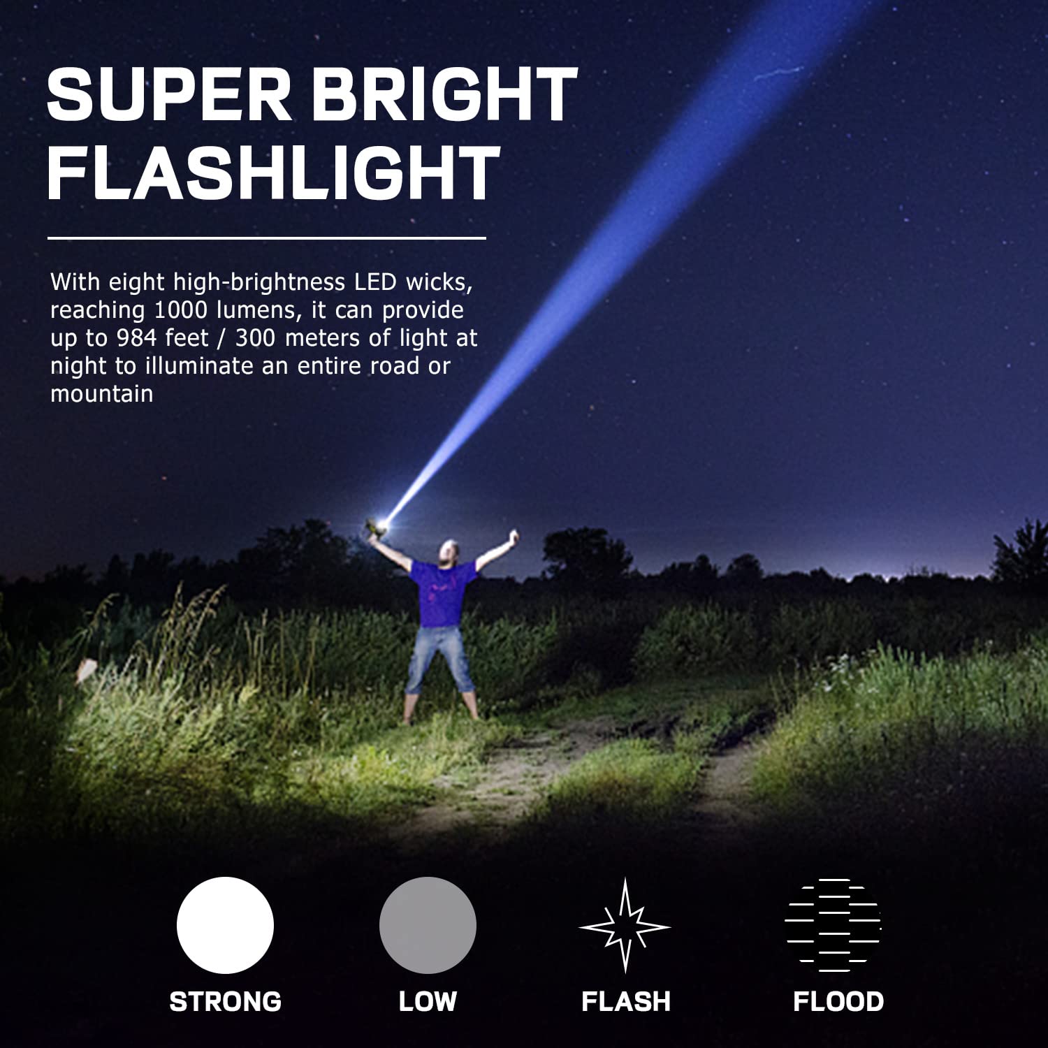 Solar Flashlight Rechargeable 8 LED Handheld with COB Sidelight, High Lumens 3 Modes Searchlight, Portable Lightweight Waterproof Spotlight for Fishing Outdoor Camping Emergencies