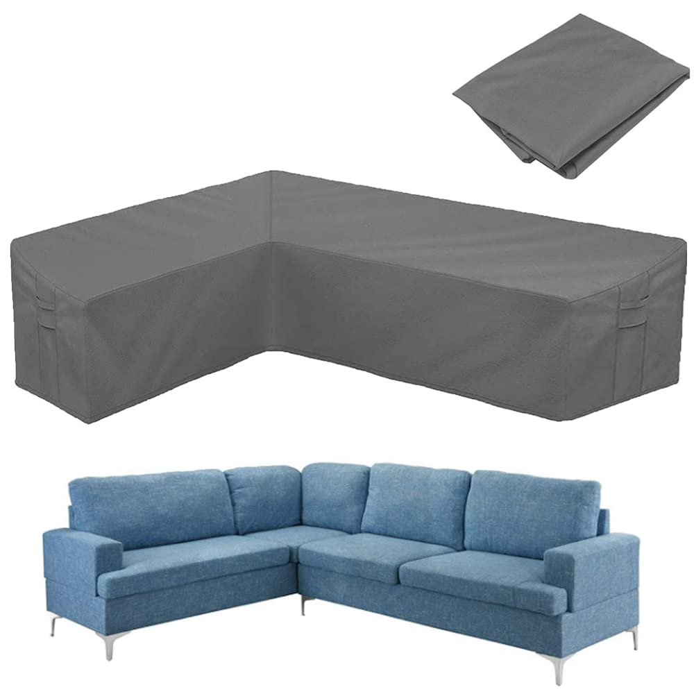 SUNSURE Patio L-Shaped Sectional Couch Sofa Cover Waterproof Outdoor Furniture Cover 420D Heavy Duty V-Shaped Sectional Couch Cover Gray Lawn Garden Furniture Set Covers with Buckle Strap (87"x112")